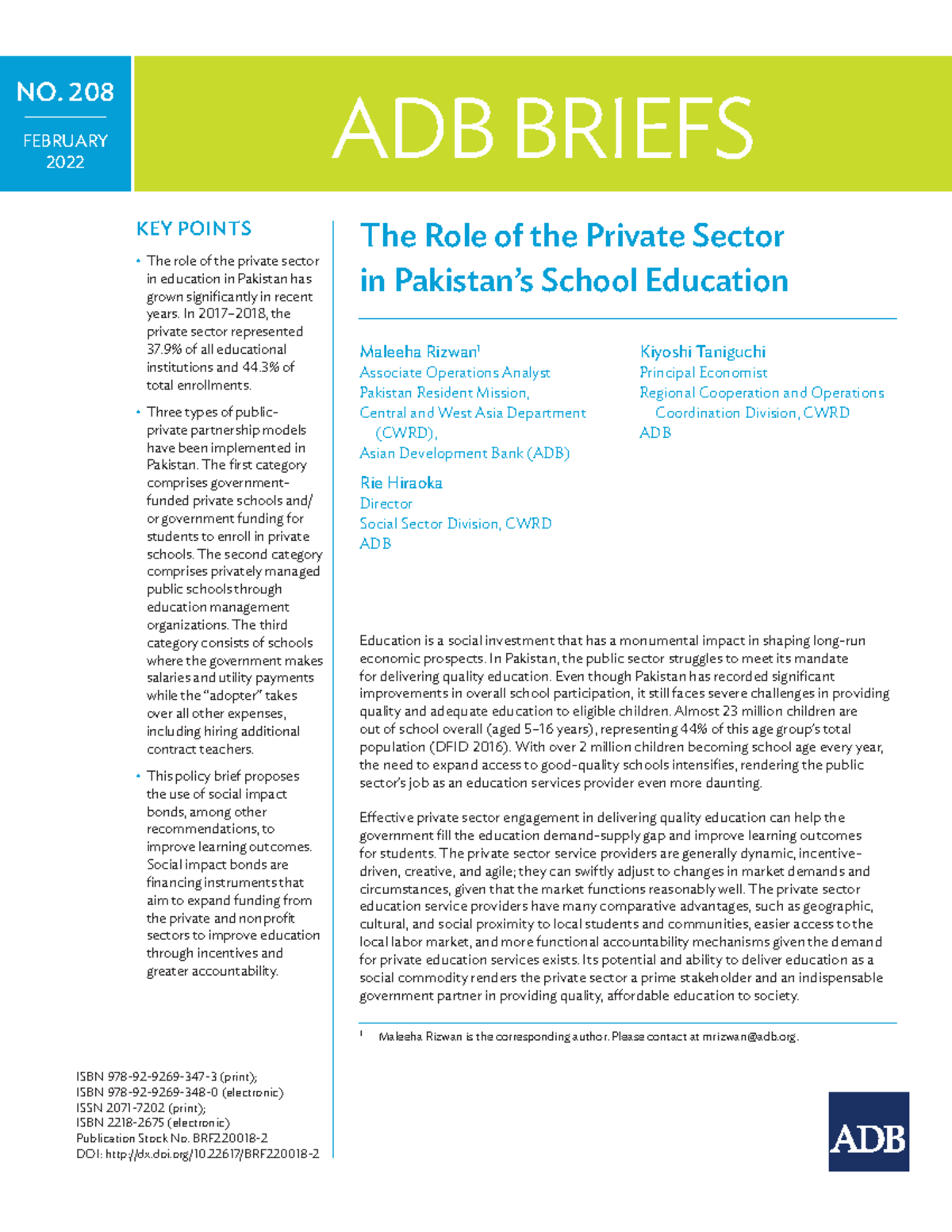 Role private sector pakistan school education - ADB BRIEFS NO. 208 ...