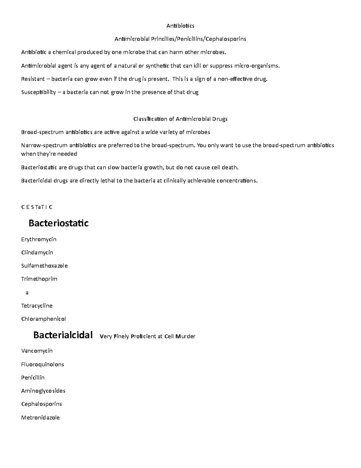 Antibiotics Study Sheet for drug class - Antibiotics Antimicrobial ...