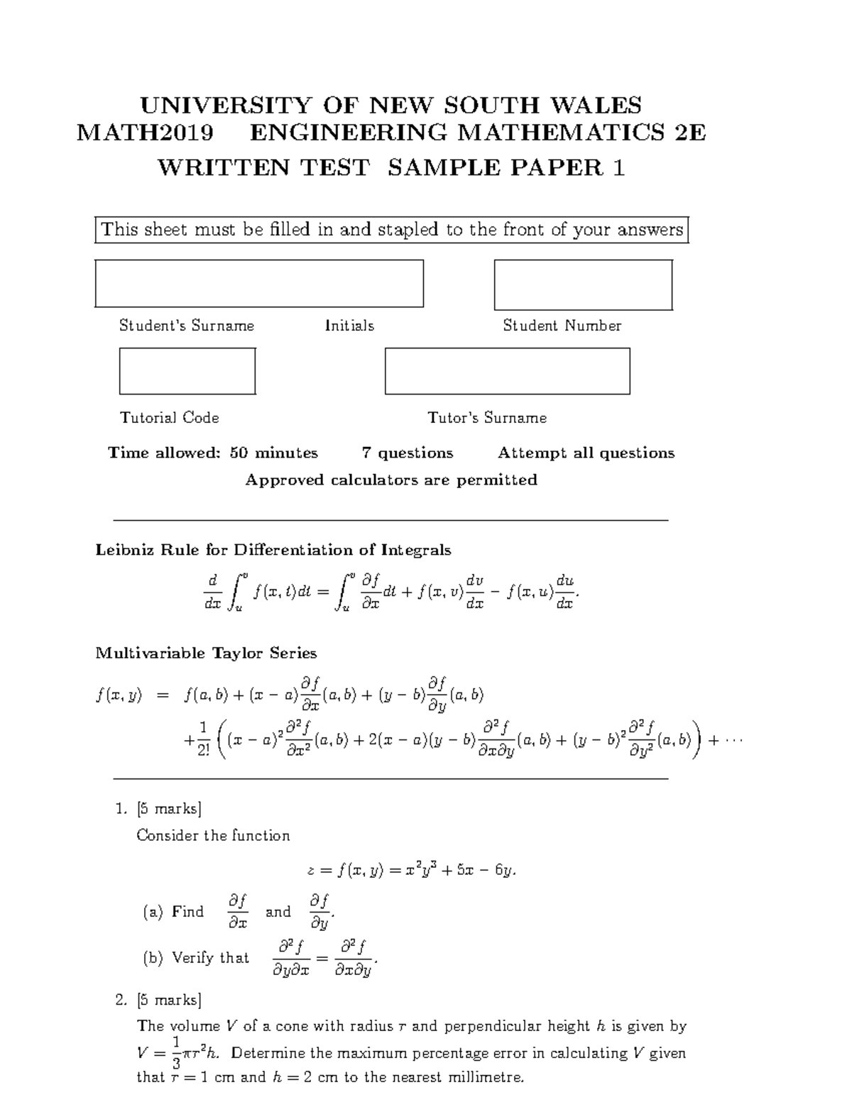 Sample W5 Exam Paper - UNIVERSITY OF NEW SOUTH WALES MATH2019 ENGINEERING MATHEMATICS 2E WRITTEN ...
