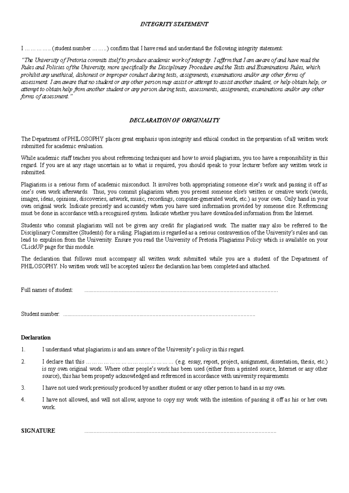 Integrity & plagiarism statement for guides - INTEGRITY STATEMENT I ...