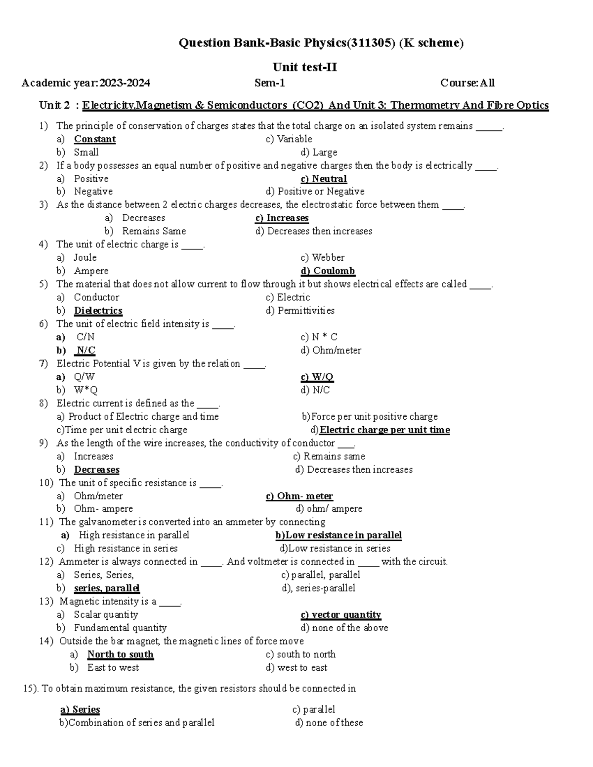 311305 - Basic Physics - Unit Test - 2 030224 - Question Bank-Basic ...