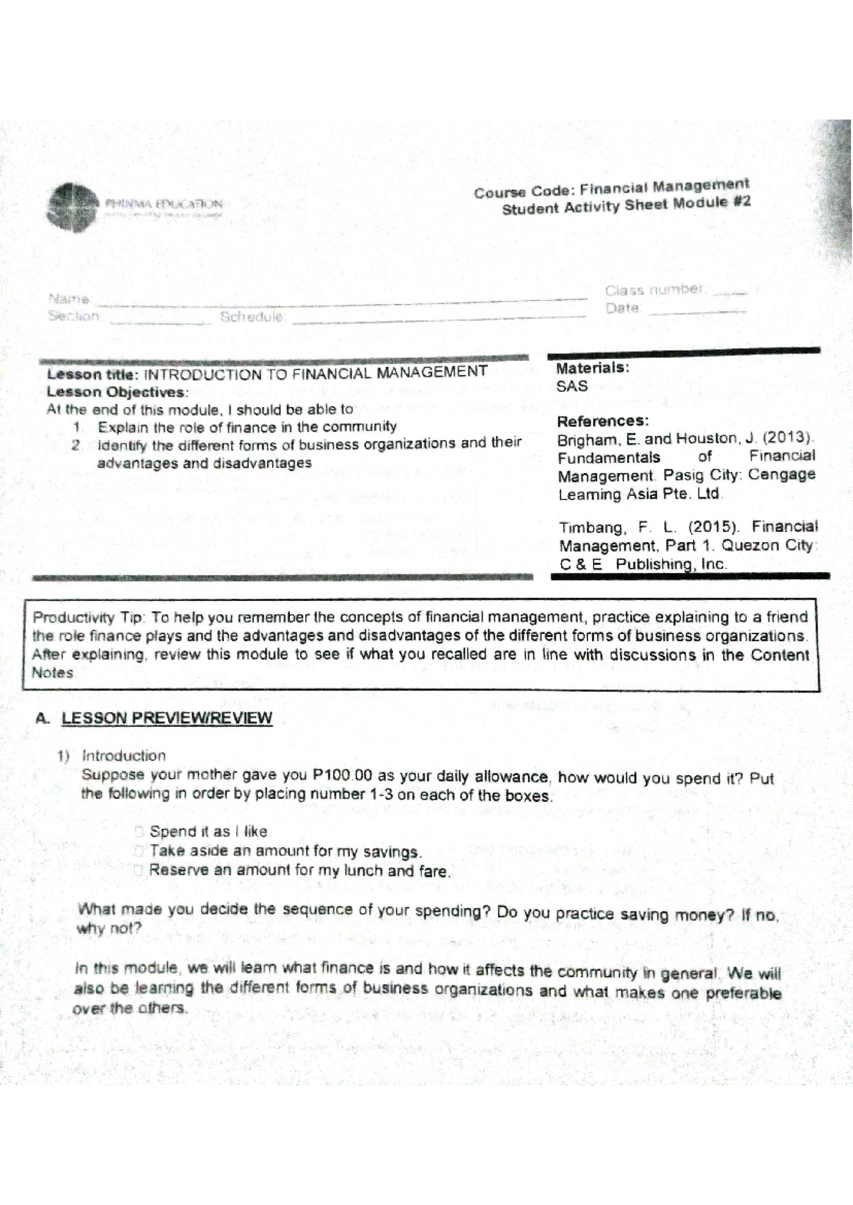 FIN 081 Module 1 - Course Code: Financial Management PHINMA EDUCATION ...