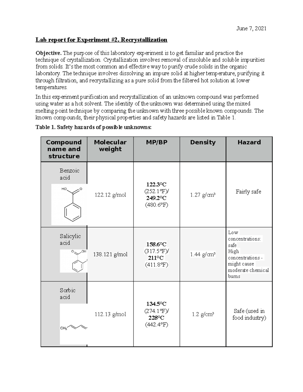 Lab Report #2. Crystallization copy - Lab report for Experiment #2. Recrystallization Objective ...