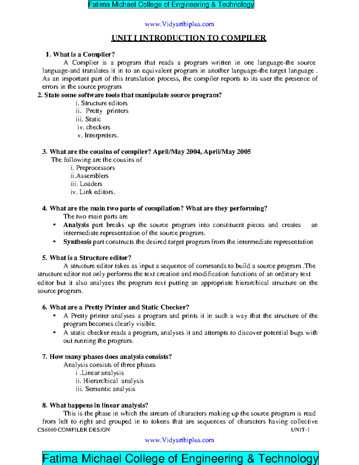 CS6660 CD QB - Compiler Design - CS6660 COMPILER DESIGN UNIT- UNIT I INTRODUCTION TO COMPILER ...