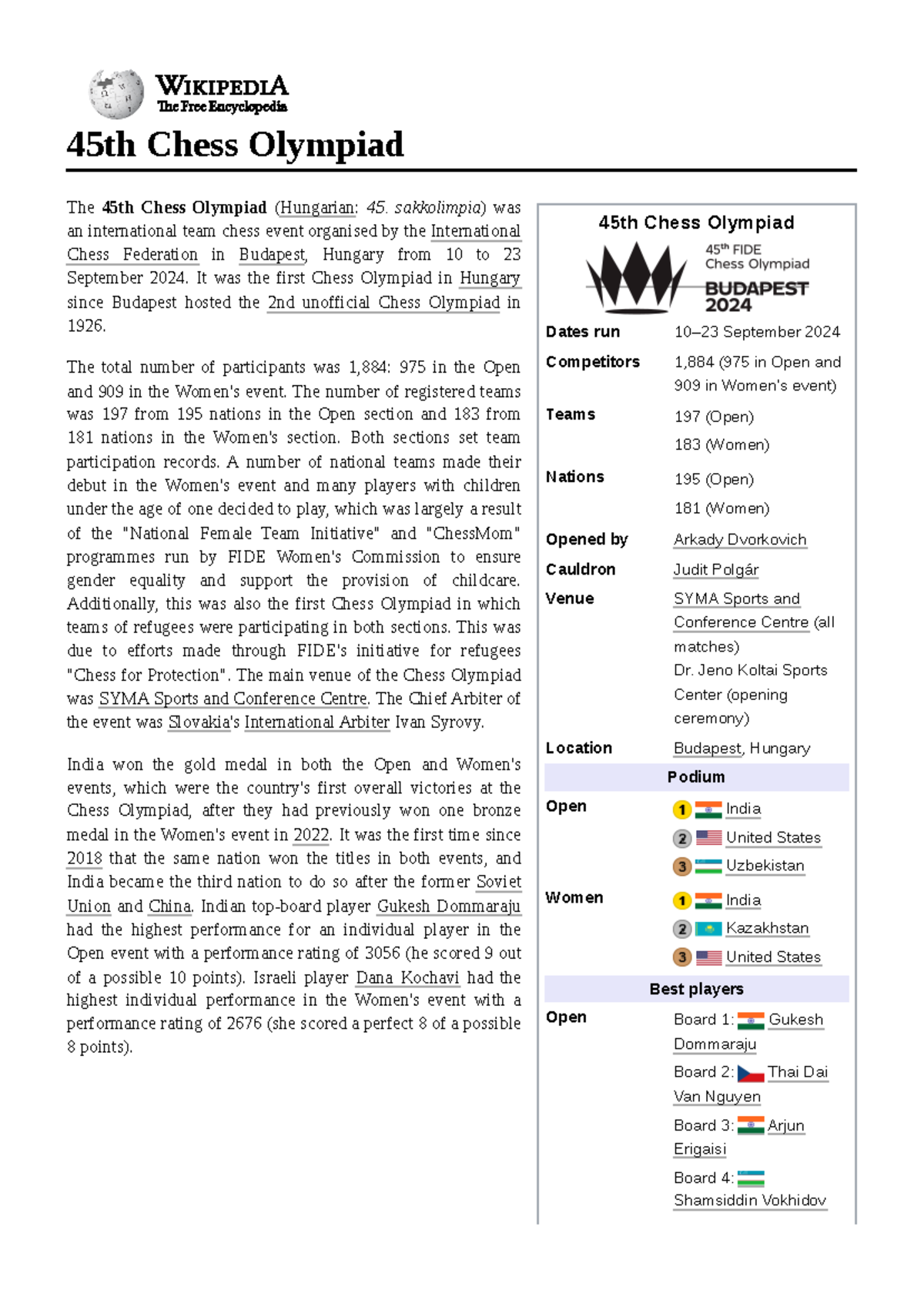 45th Chess Olympiad - 45th Chess Olympiad Dates run 10–23 September ...