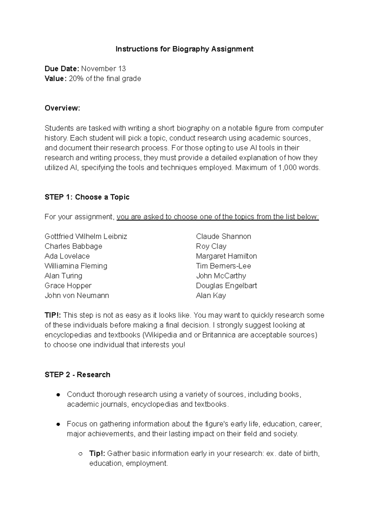 Instructions - Biography Assignment - Instructions for Biography ...