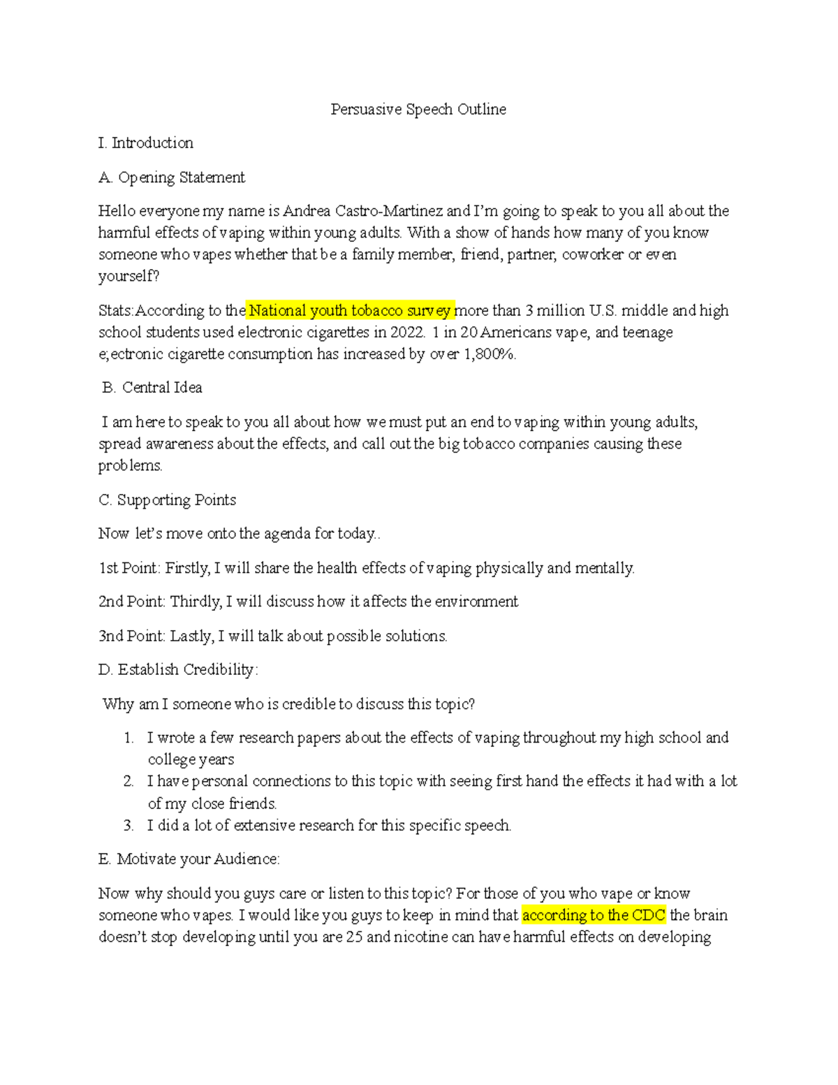 Persuasive Speech Outline Andrea CM COMM220 - Persuasive Speech Outline ...