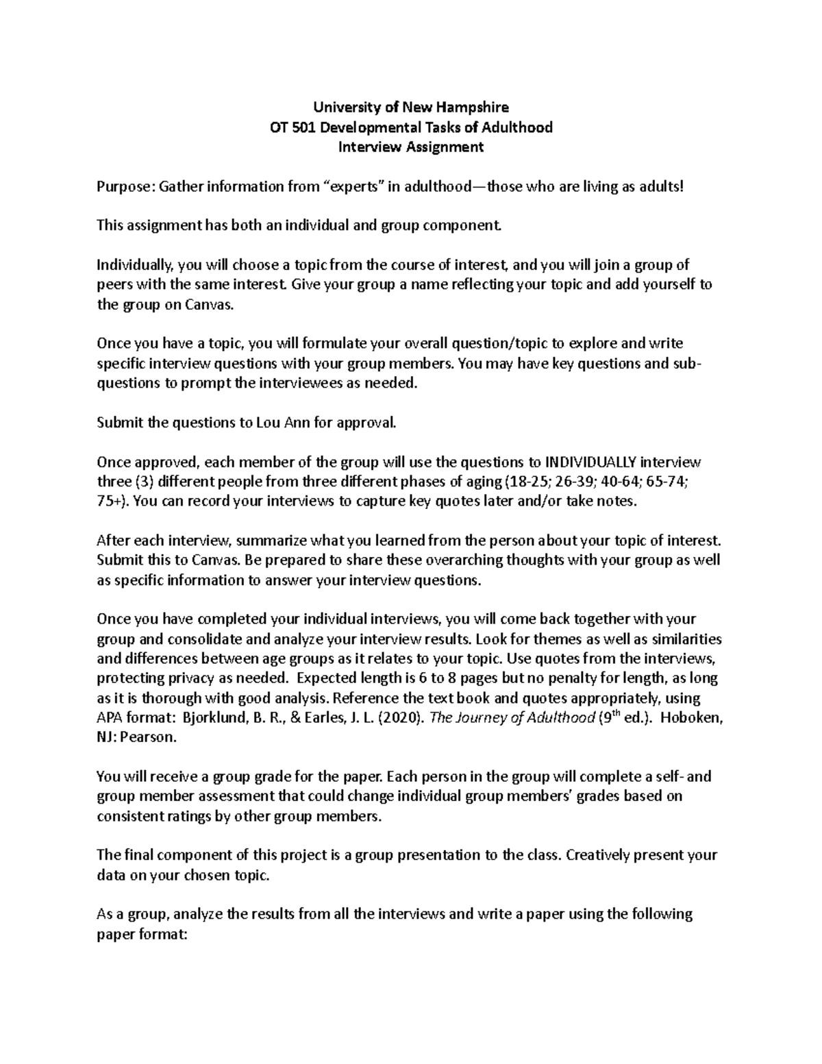 Interview assignment - University of New Hampshire OT 501 Developmental ...