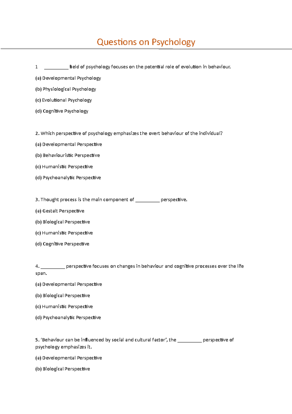Questions on Psychology - (a) Developmental Psychology (b ...