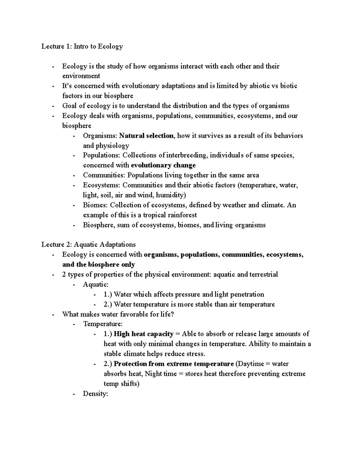 Copy of Ecology Exam 1 Notes - Lecture 1: Intro to Ecology - Ecology is ...