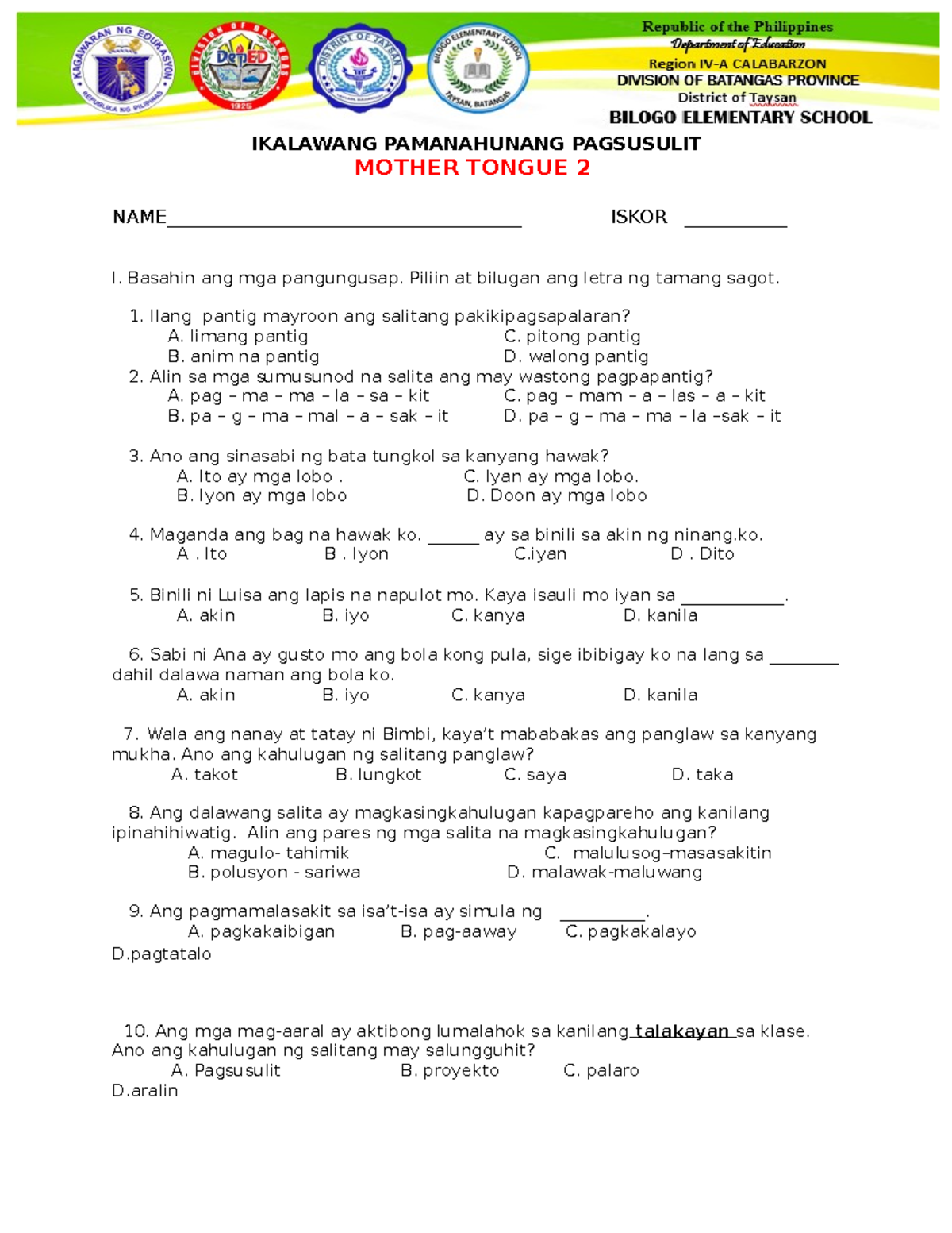 PT MTB 2 Q2 - used by the students - IKALAWANG PAMANAHUNANG PAGSUSULIT MOTHER TONGUE 2 - Studocu
