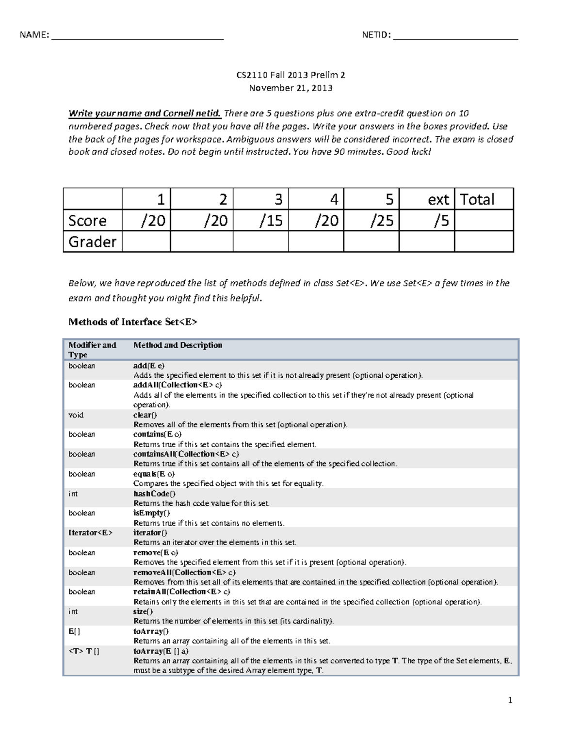 P2cs2110fa13soln - Past Prelim 2 from CS 2110 taught by Professor David Gries and Professor ...