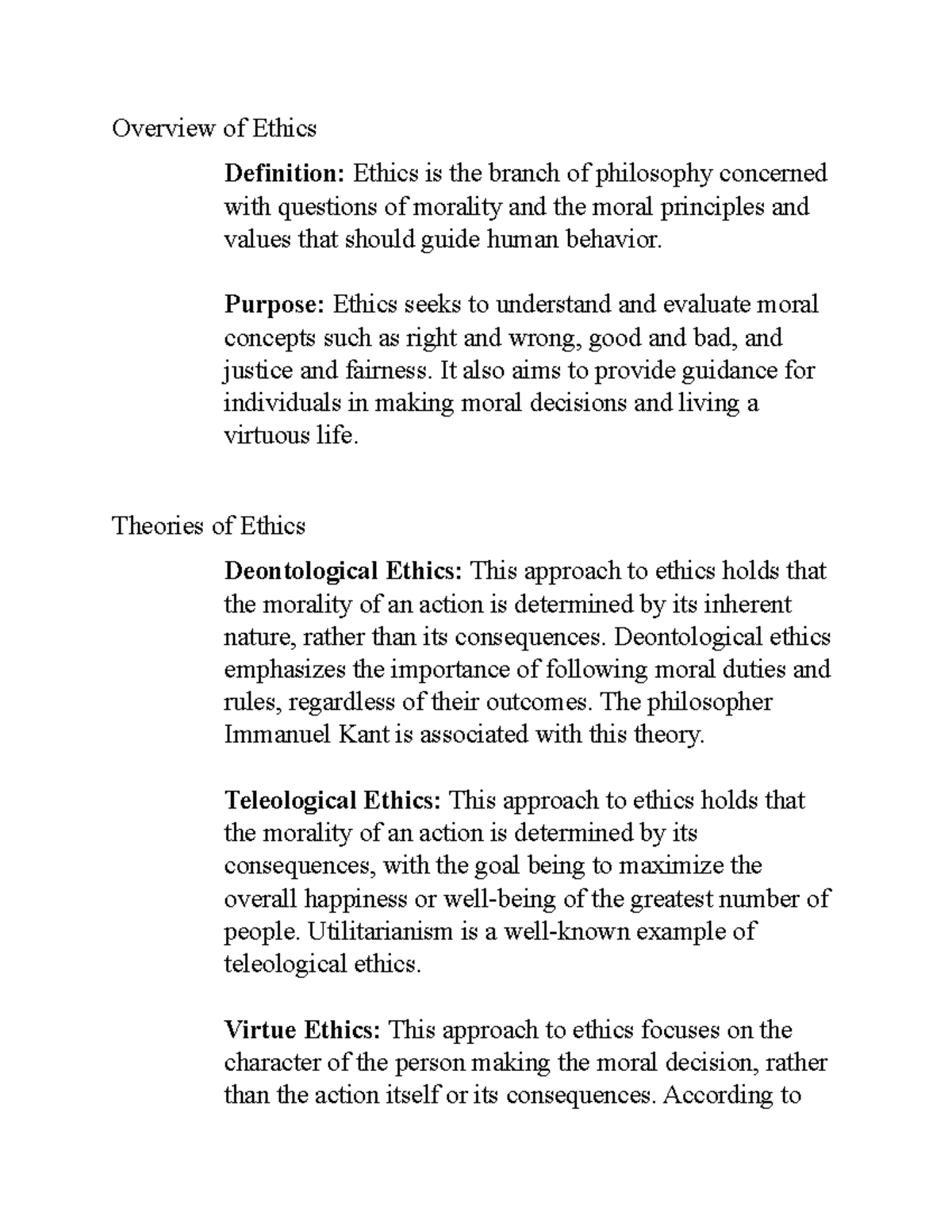 Ethics notes - Overview of Ethics Definition: Ethics is the branch of ...