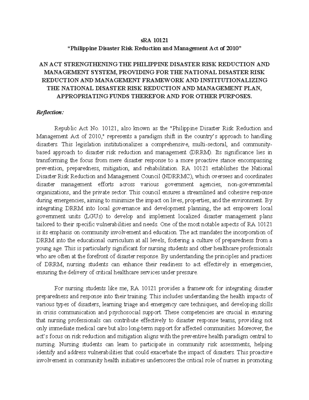 RA 10121 Reflection - sRA 10121 “Philippine Disaster Risk Reduction and ...