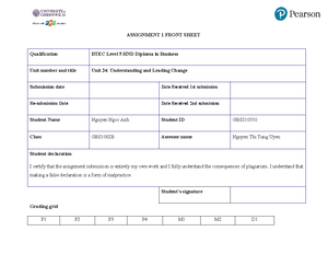 486- Assignment 1 Frontsheet - ASSIGNMENT 1 FRONT SHEET Qualification BTEC Level 4 HND Diploma ...