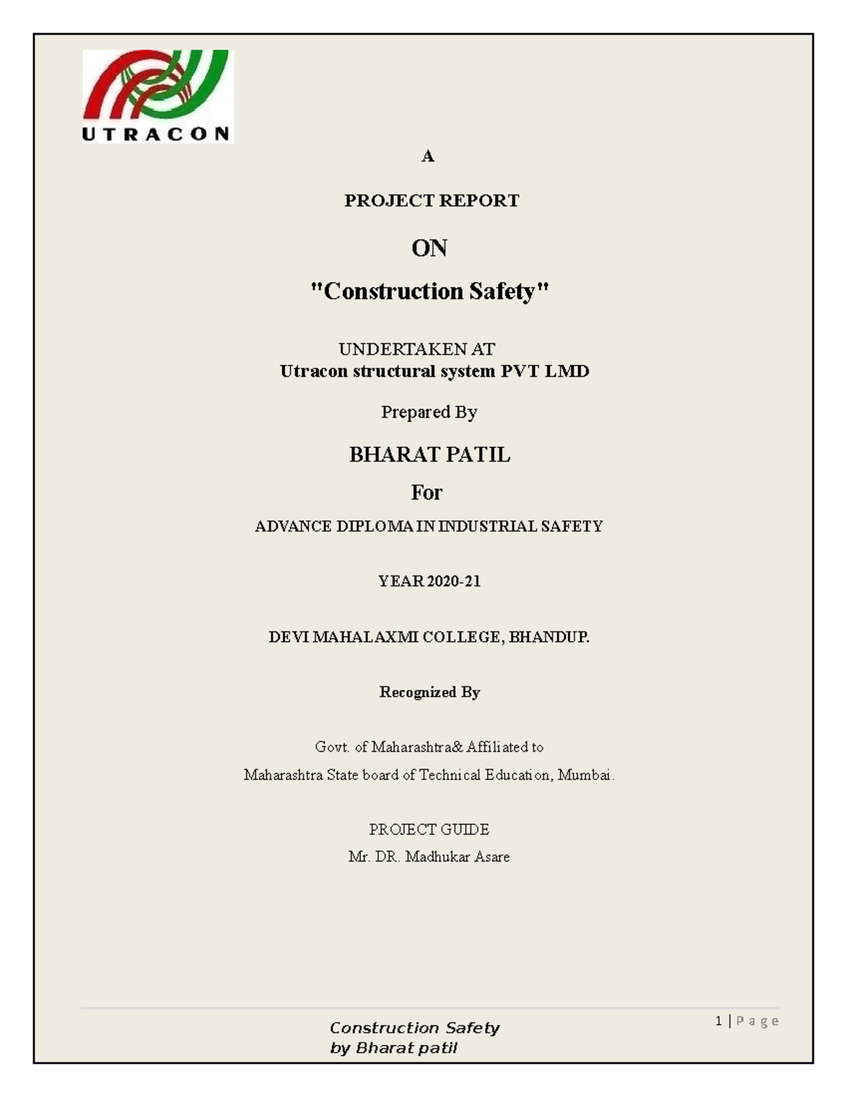 Construction Safety project -ADIS Bharat patil - A PROJECT REPORT ON ...