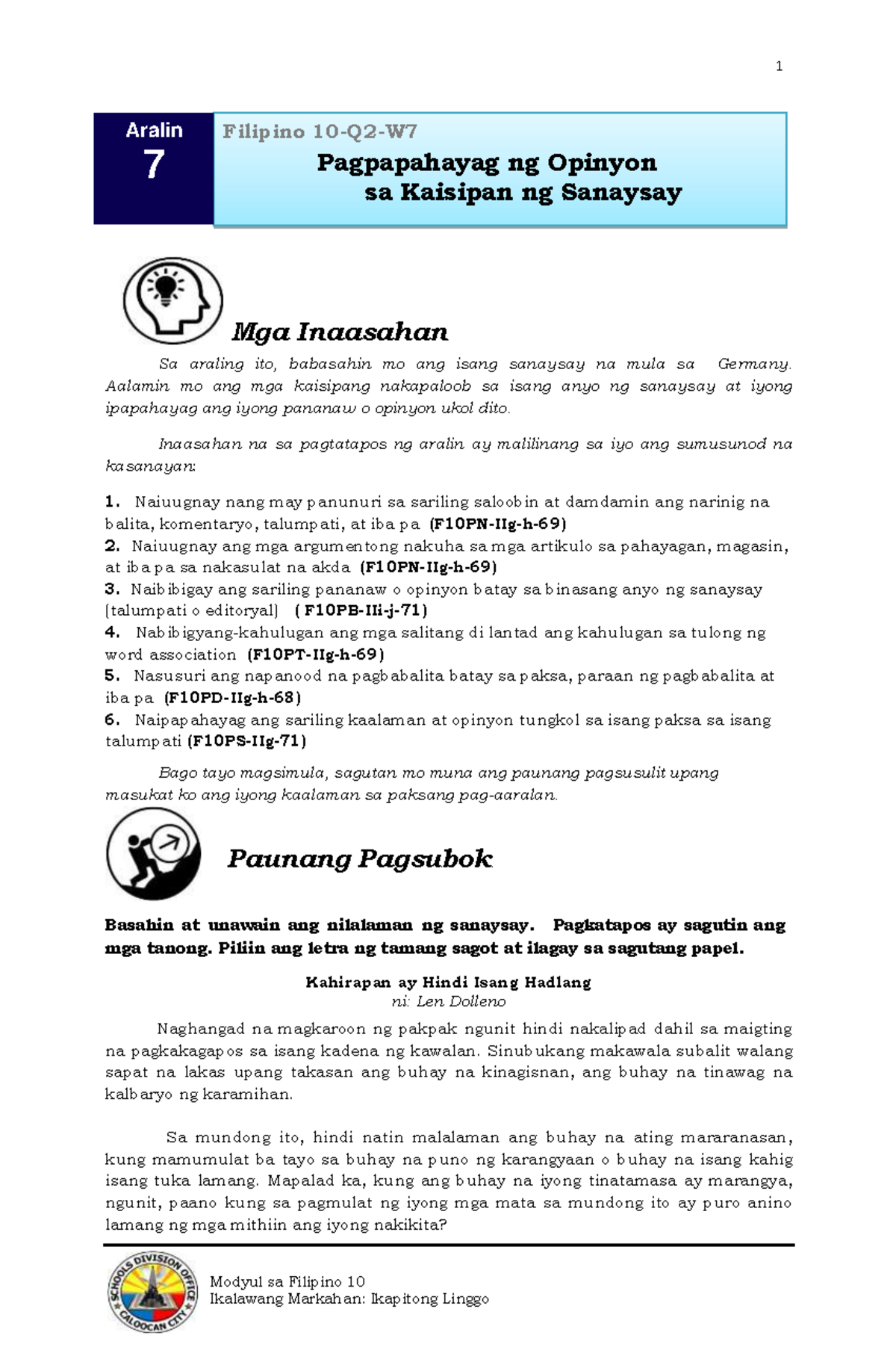 Filipino 10 Q2 Week 7 - Modyul sa Filipino 10 Mga Inaasahan Sa araling ...