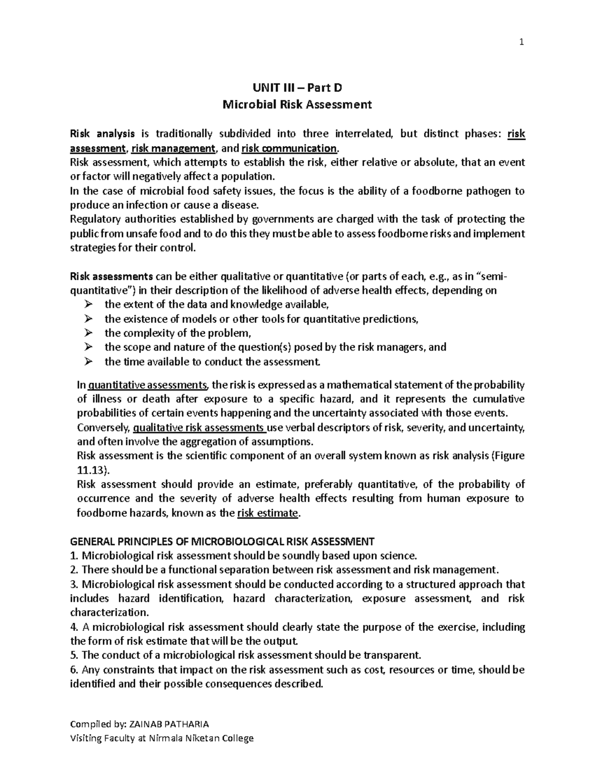 Microbial risk assessment - notes - 1 UNIT III – Part D Microbial Risk ...