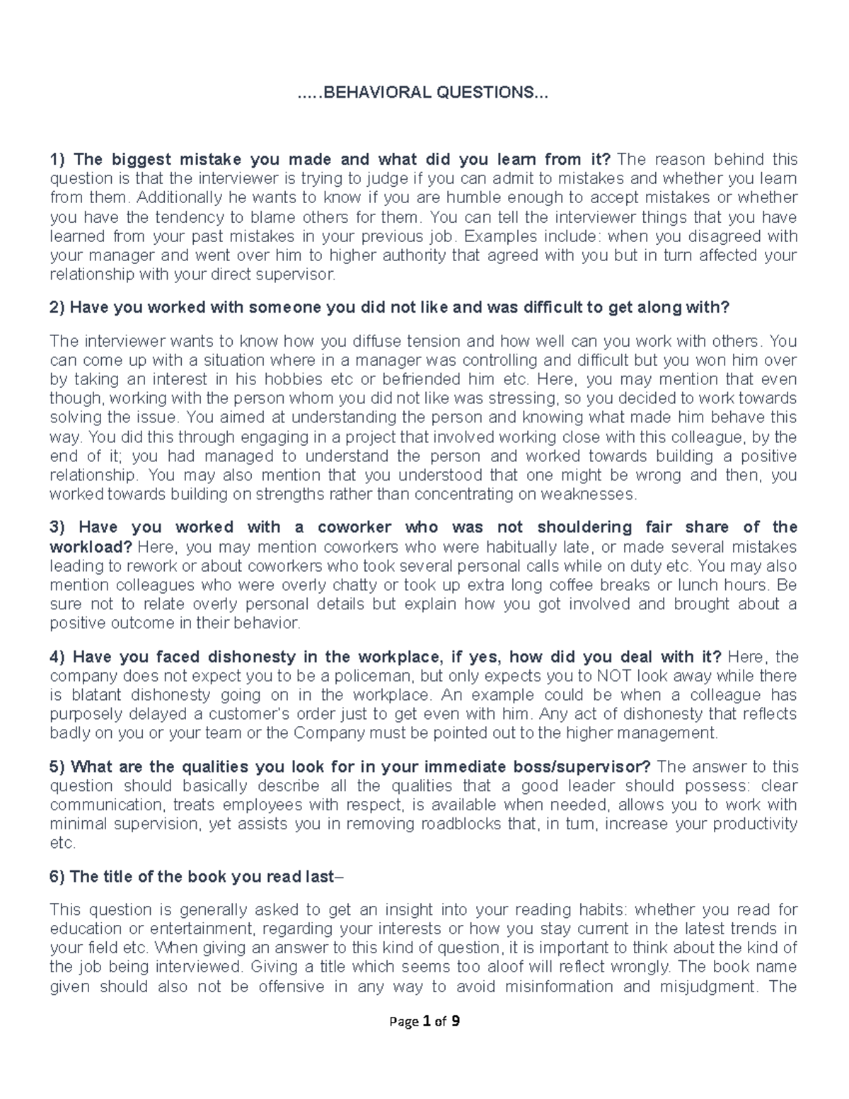 Behavioral Questions: INTERVIEW - .... QUESTIONS... 1) The biggest ...