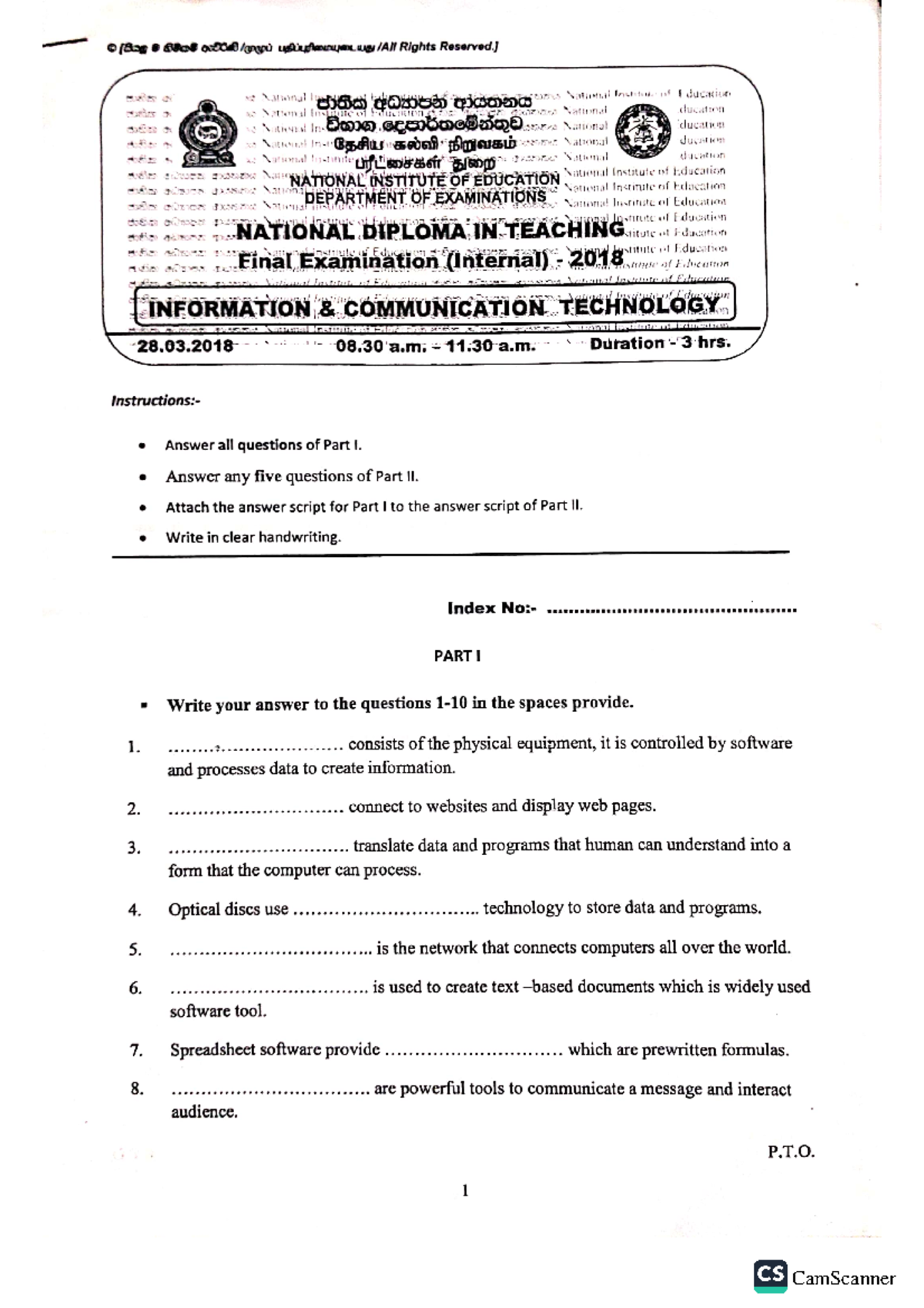 2018 ICT internal final Exam paper - Information Technology - Studocu