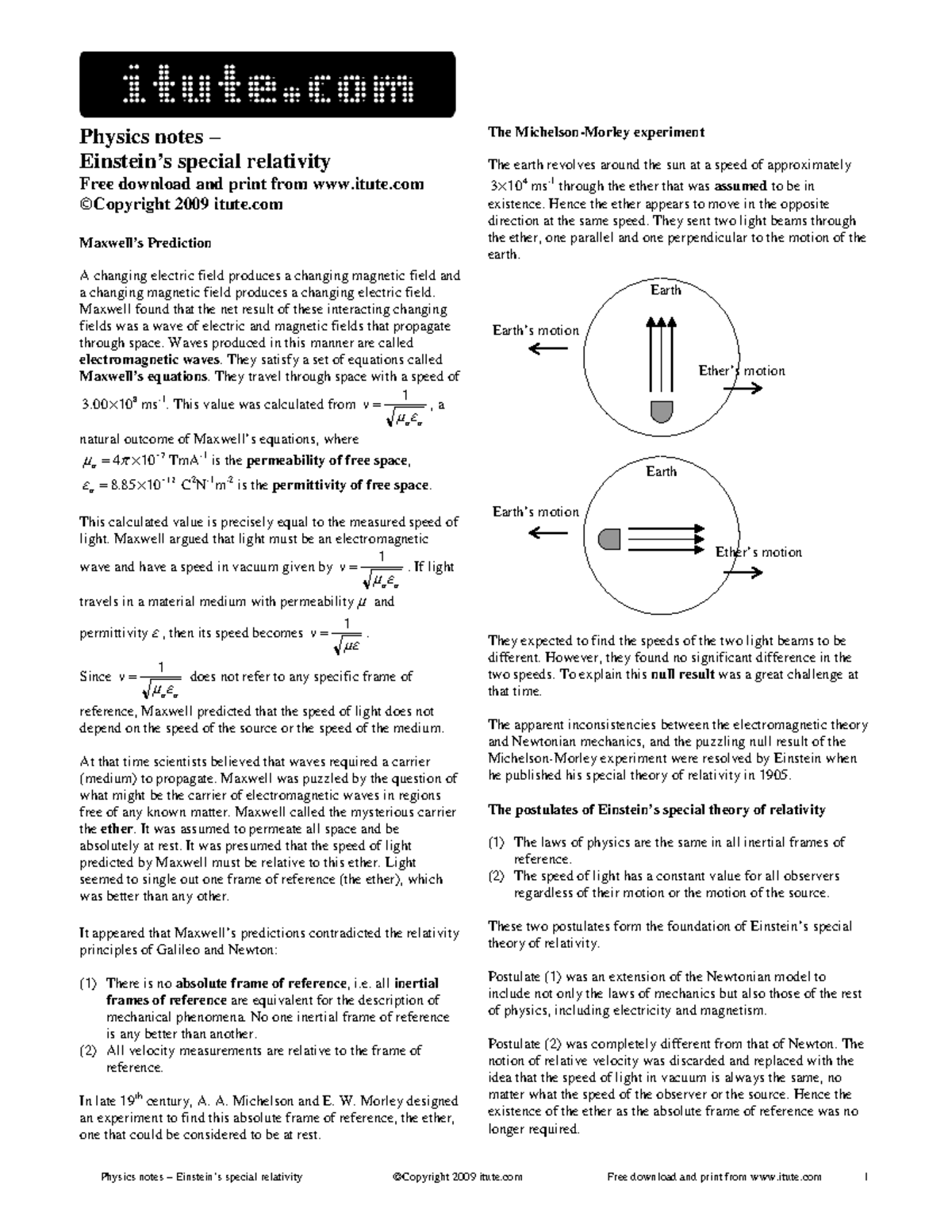 Physics notes einsteins special relativity - Physics notes – Einstein’s ...