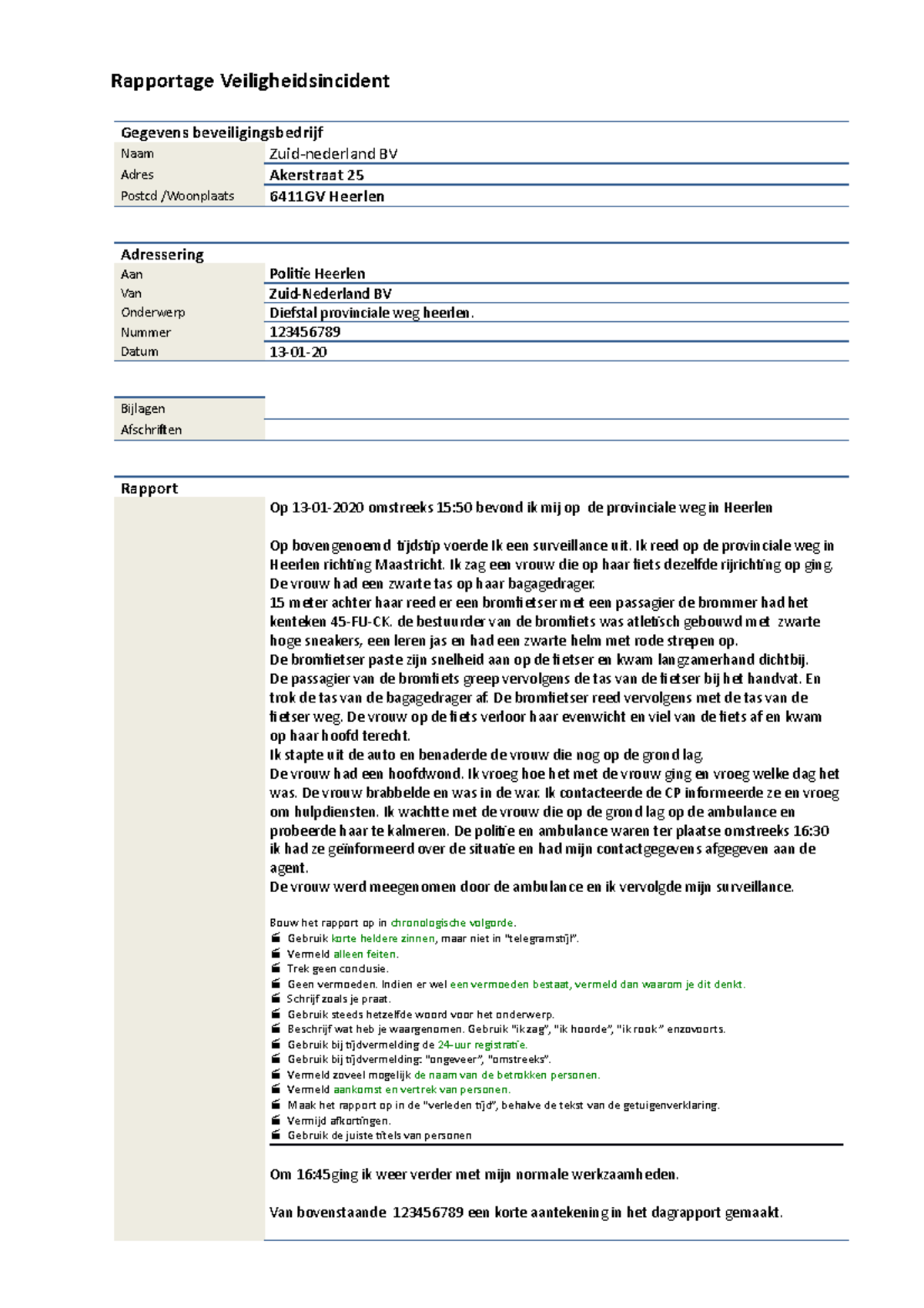 Voorbeeld rapportage - oefenmateriaal - Rapportage Veiligheidsincident ...