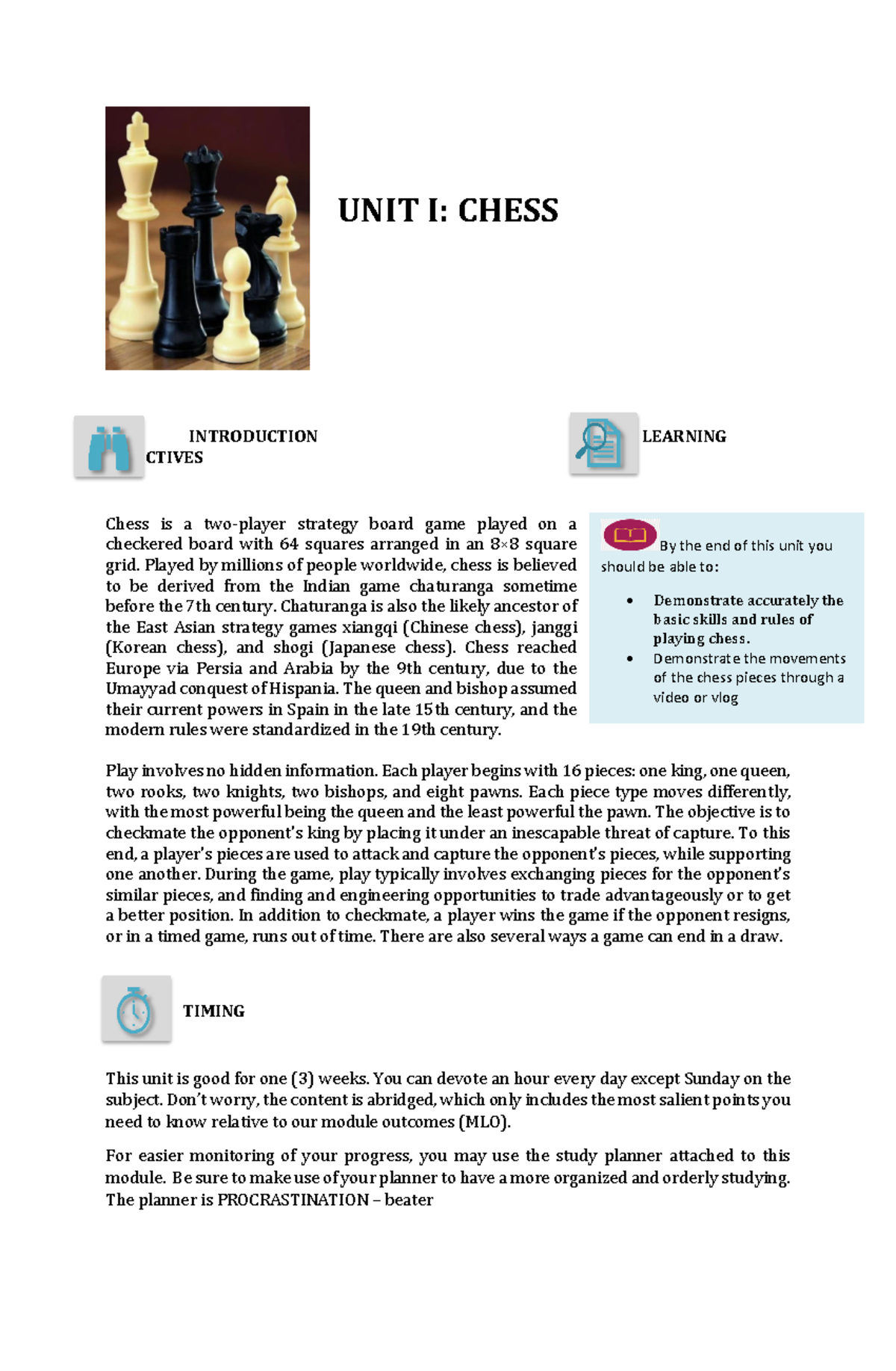 UNIT I - Chess - PATHFT2 - UNIT I: CHESS INTRODUCTION LEARNING ...