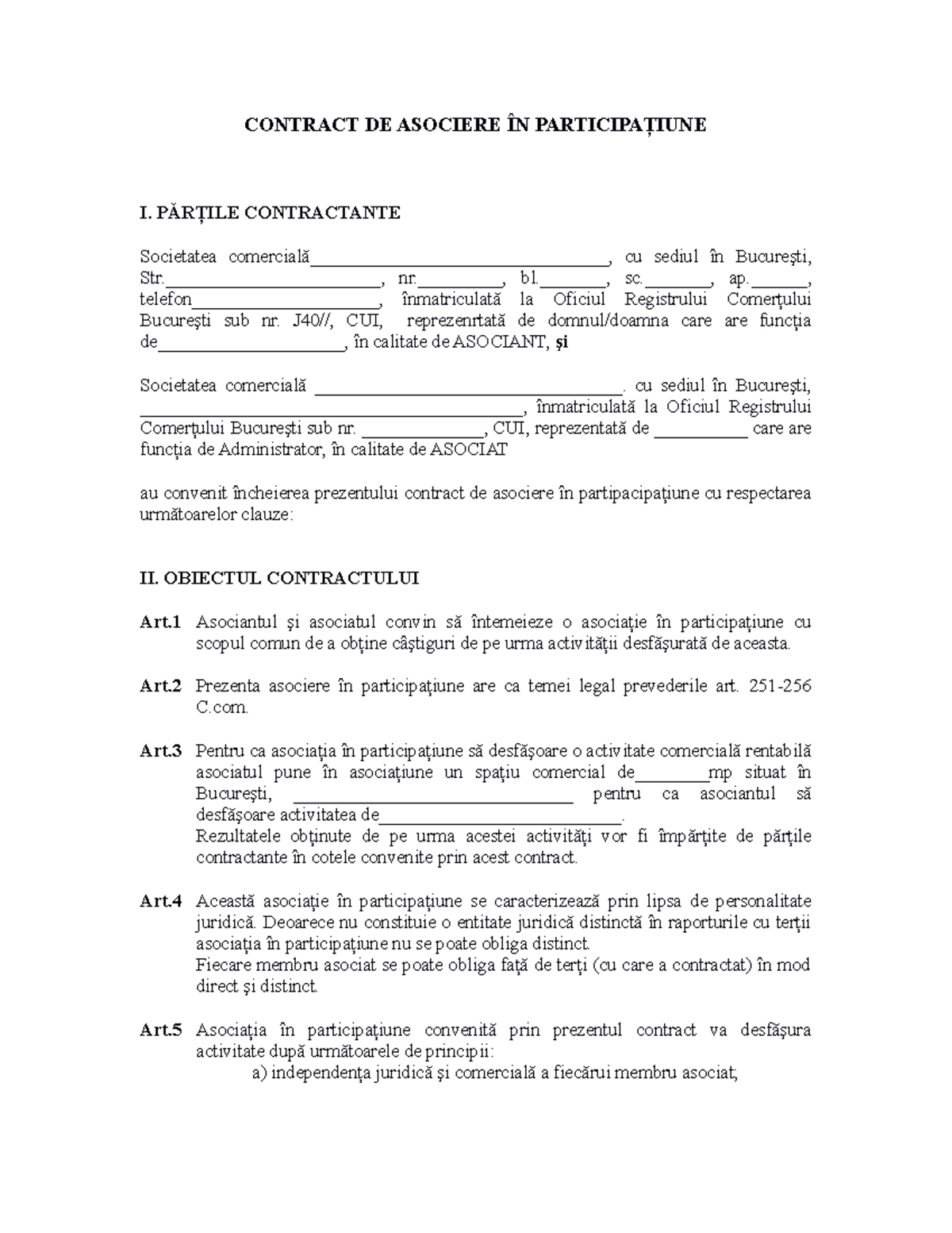 Contract DE Asociere IN Participatiune - CONTRACT DE ASOCIERE ÎN ...