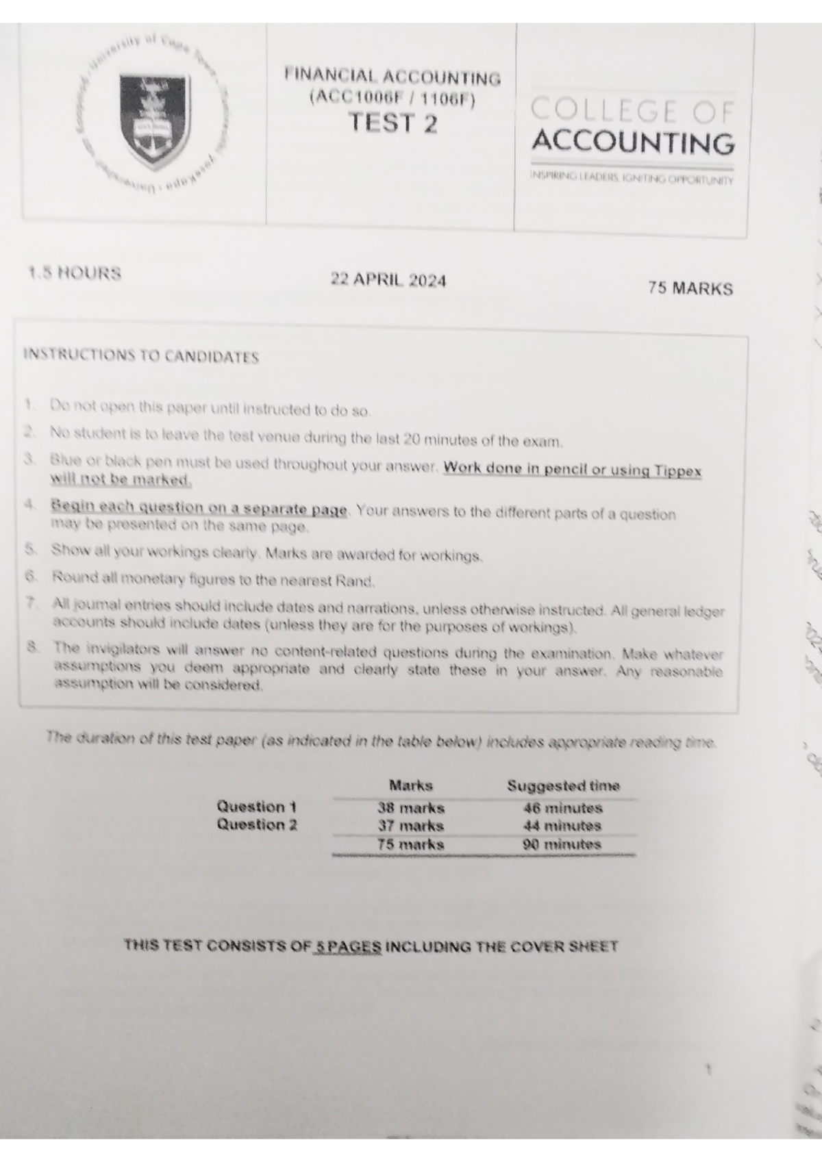 Financial Accounting test 2 - CHEE FINANCIAL ACCOUNTING (ACC1006F 1106F ...