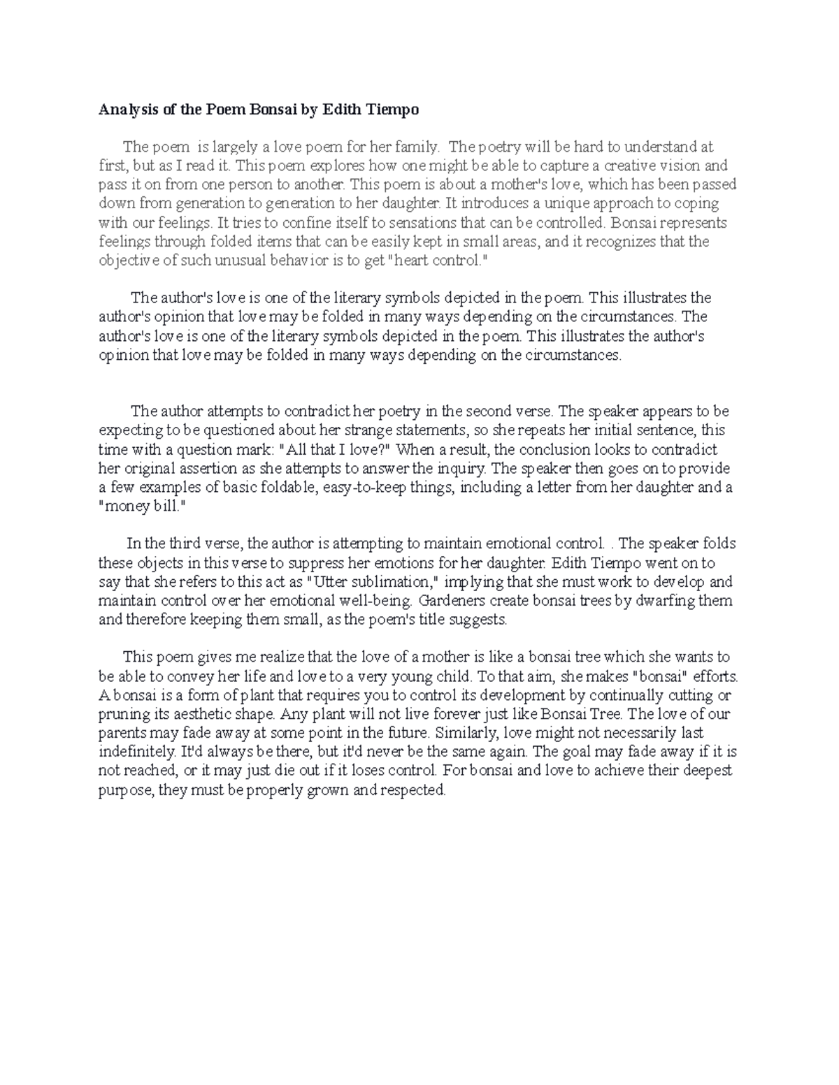 Analysis Final Output - Analysis of the Poem Bonsai by Edith Tiempo The ...