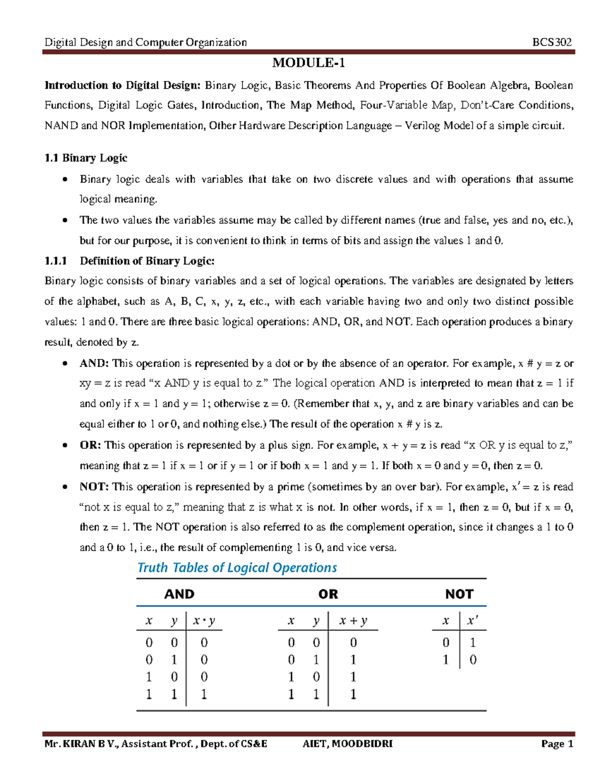 M1 - book - MODULE- 1 Introduction to Digital Design: Binary Logic ...