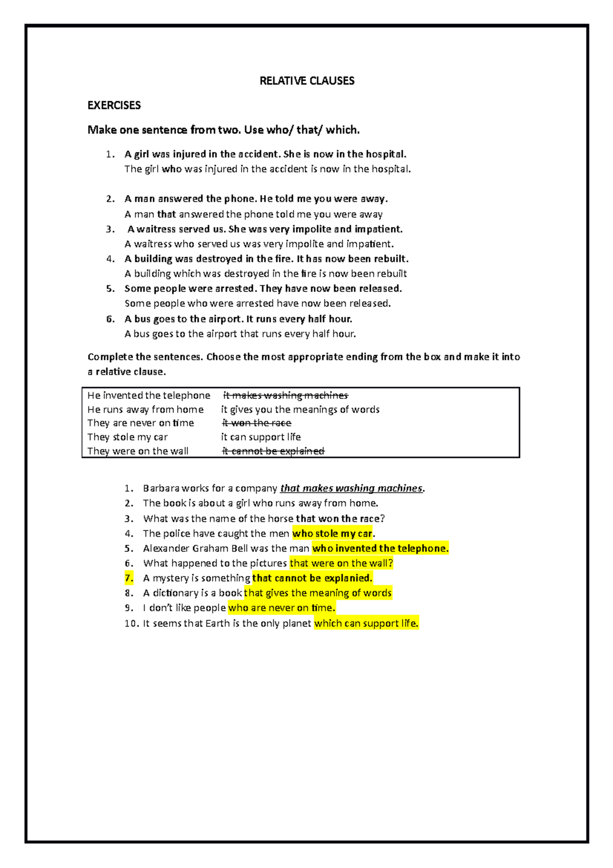 Relative Clauses - RELATIVE CLAUSES EXERCISES Make one sentence from ...
