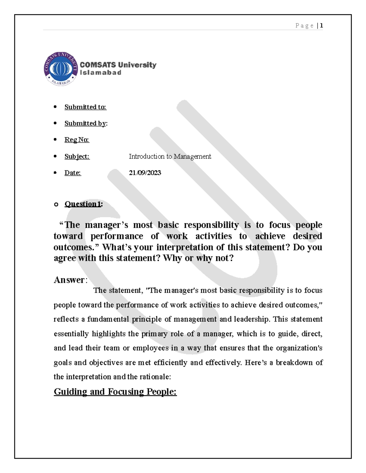 Assignment 1 ITM - Submitted to: Submitted by: Reg No: Subject ...