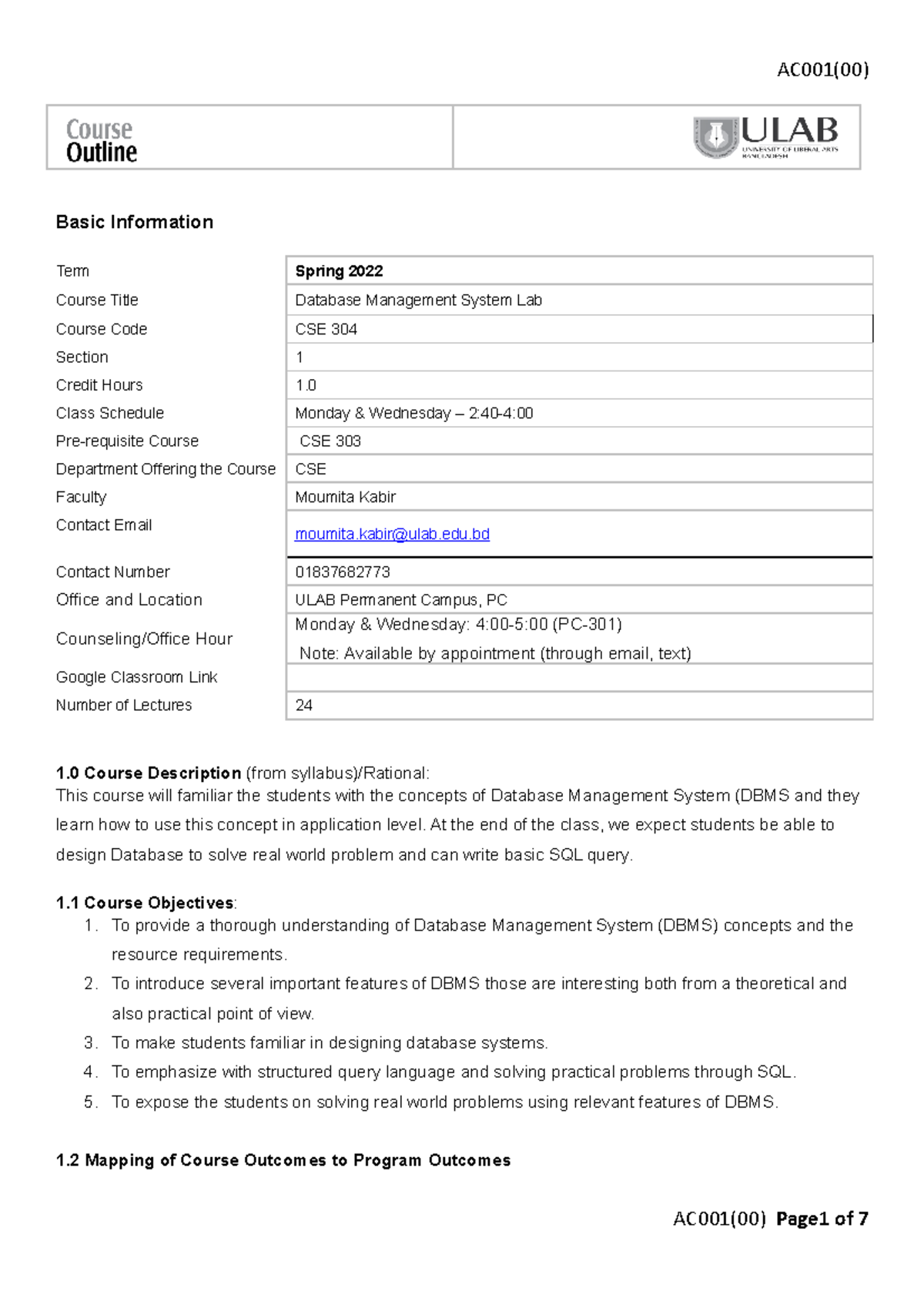 1. CSE-304 Sec01 Course Outline - Basic Information Term Spring 2022 Course Title Database - Studocu