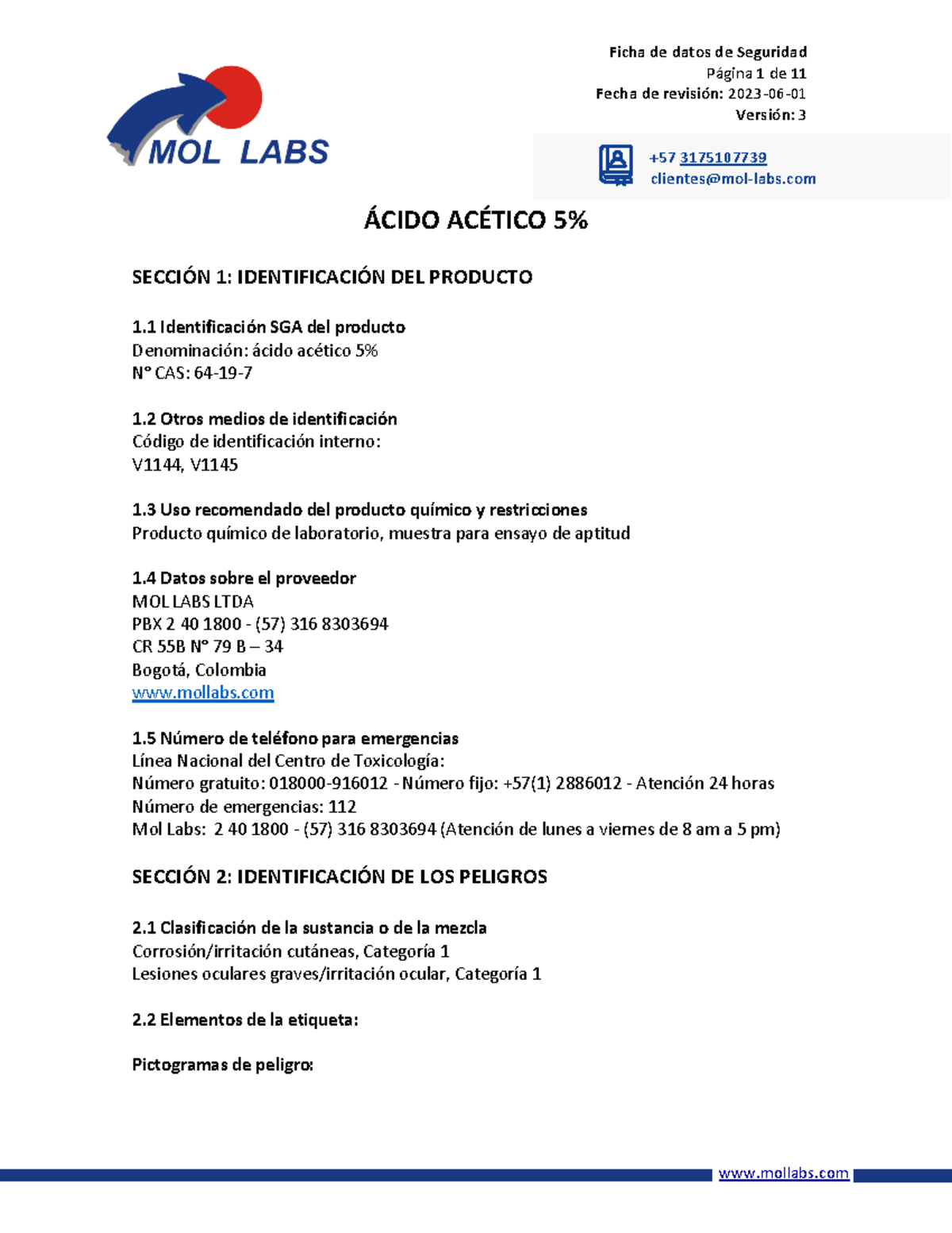 FDS Acido Aceticocdsc - Página 1 de 11 Fecha de revisión: 202 3 - 06 ...