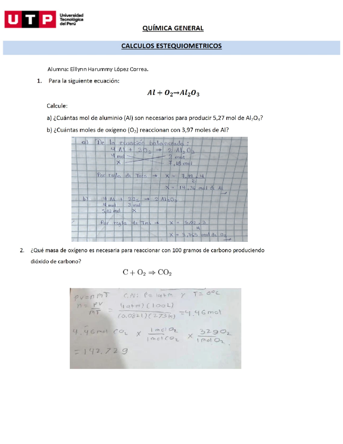 S13.s2 - Taller de Ejercicios - QUÍMICA GENERAL CALCULOS ESTEQUIOMETRICOS Alumna: Eillynn ...