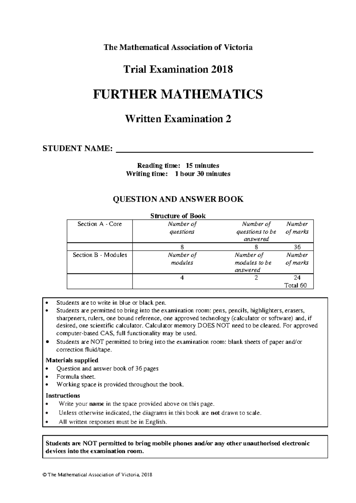 [VCE Further] 2018 MAV Unit 34 Exam 2 - The Mathematical Association of ...