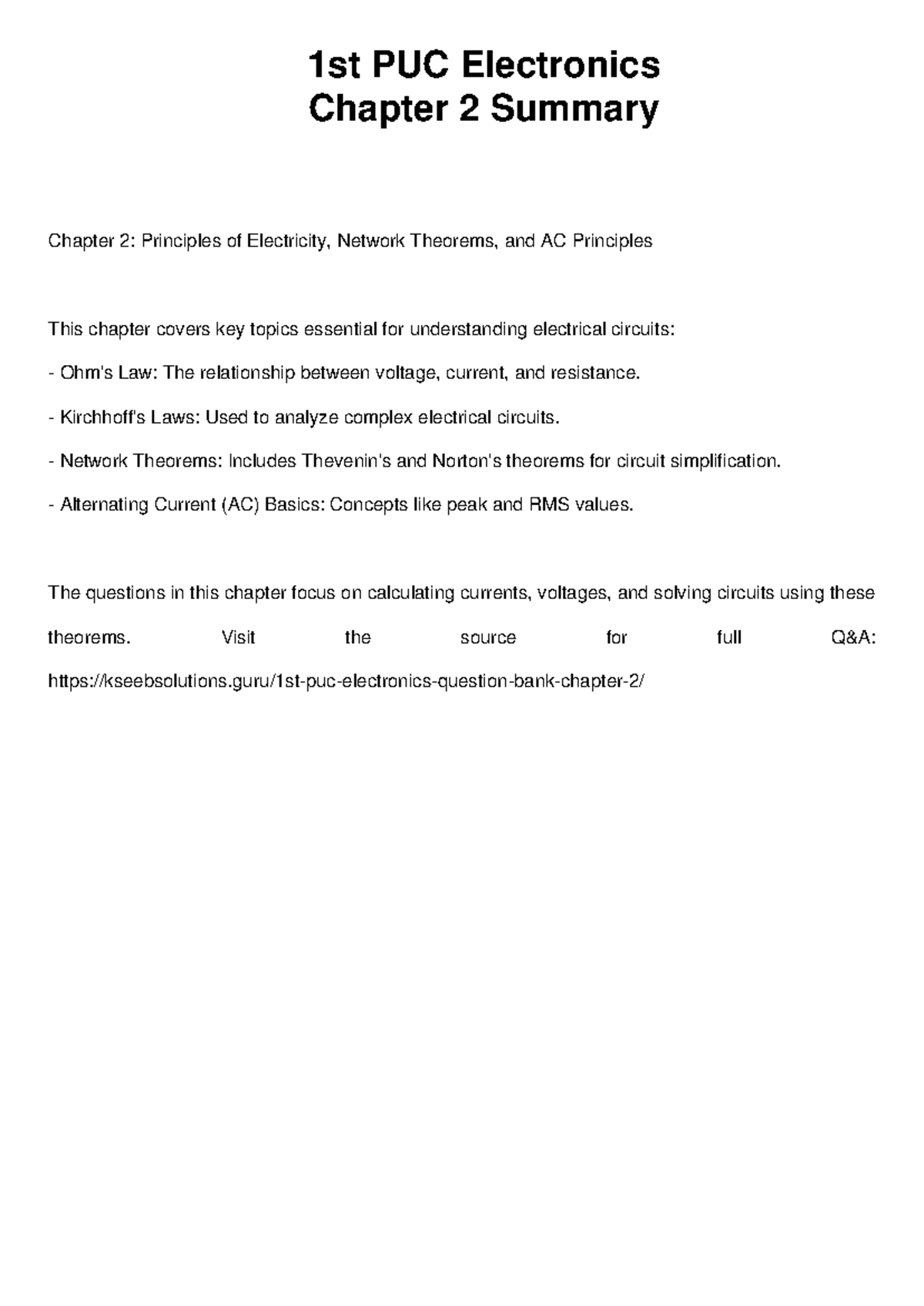 Electronics Chapter 2 Summary - 1st PUC Electronics Chapter 2 Summary Chapter 2: Principles of ...