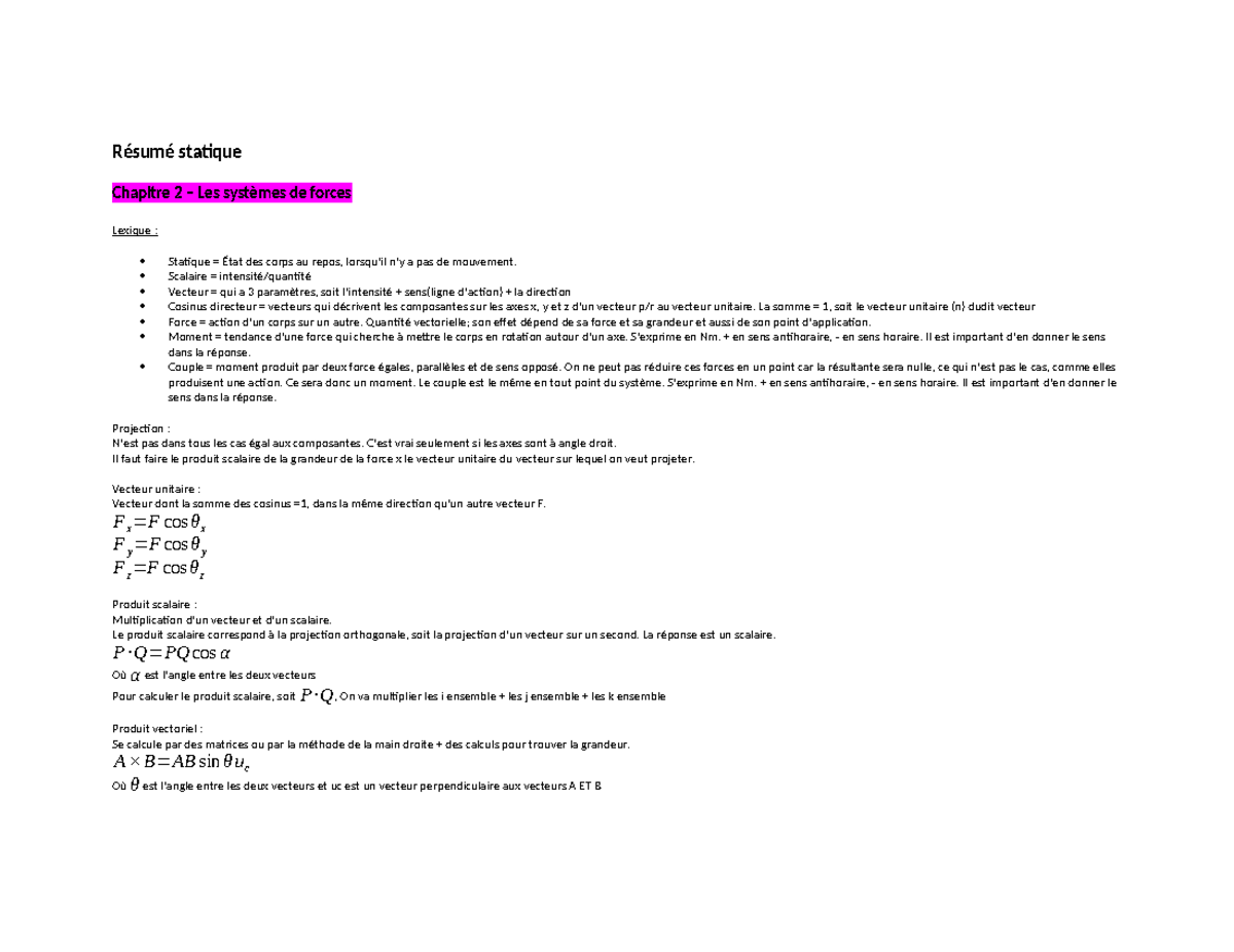 Résumé statique - Résumé statique ####### Chapitre 2 – Les systèmes de forces Lexique : Statique ...