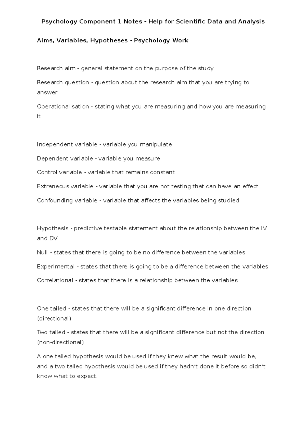 Psychology Component 1 - Aims, Variables, Hypotheses - Psychology Work ...