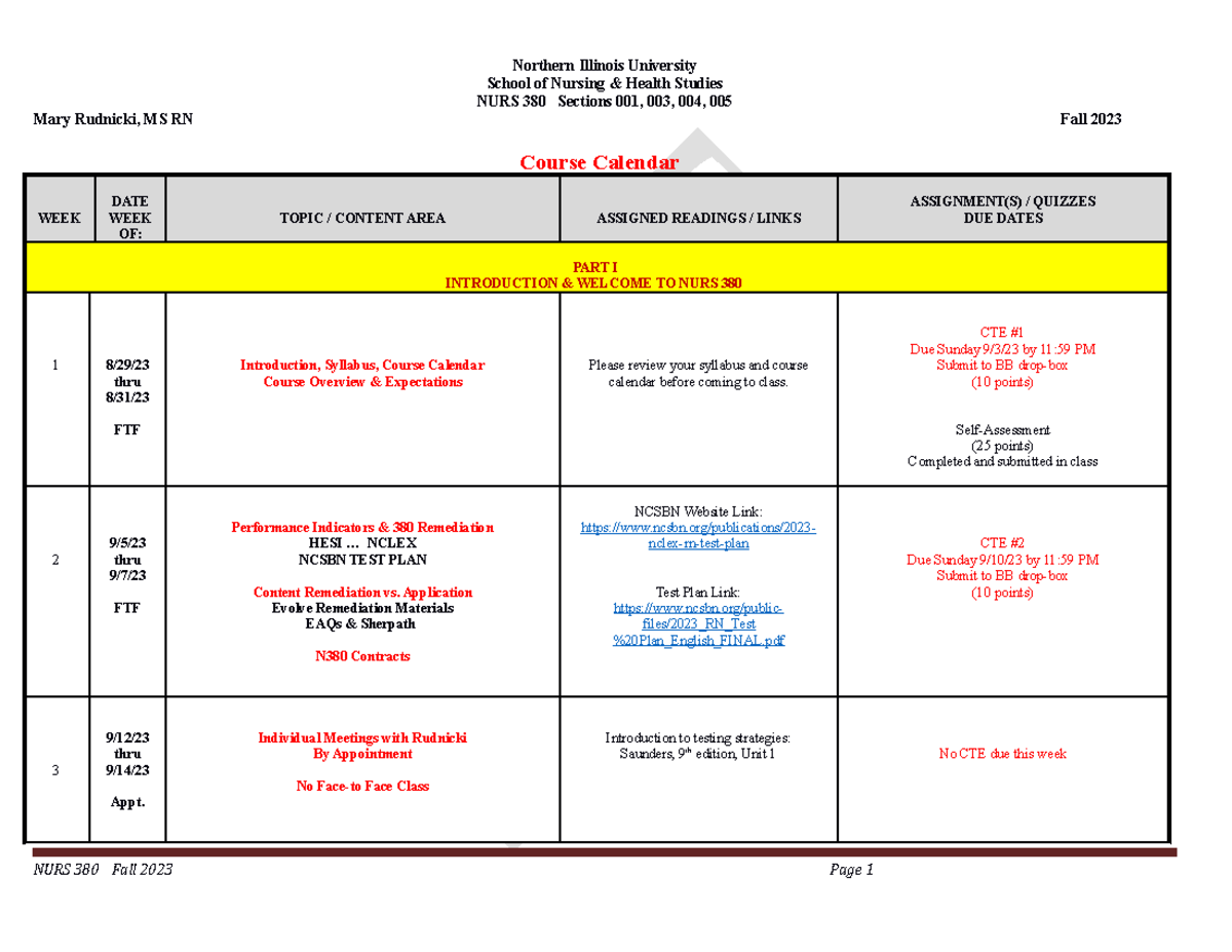 Course Calendar N 380 Fall 2023 - School of Nursing & Health Studies ...