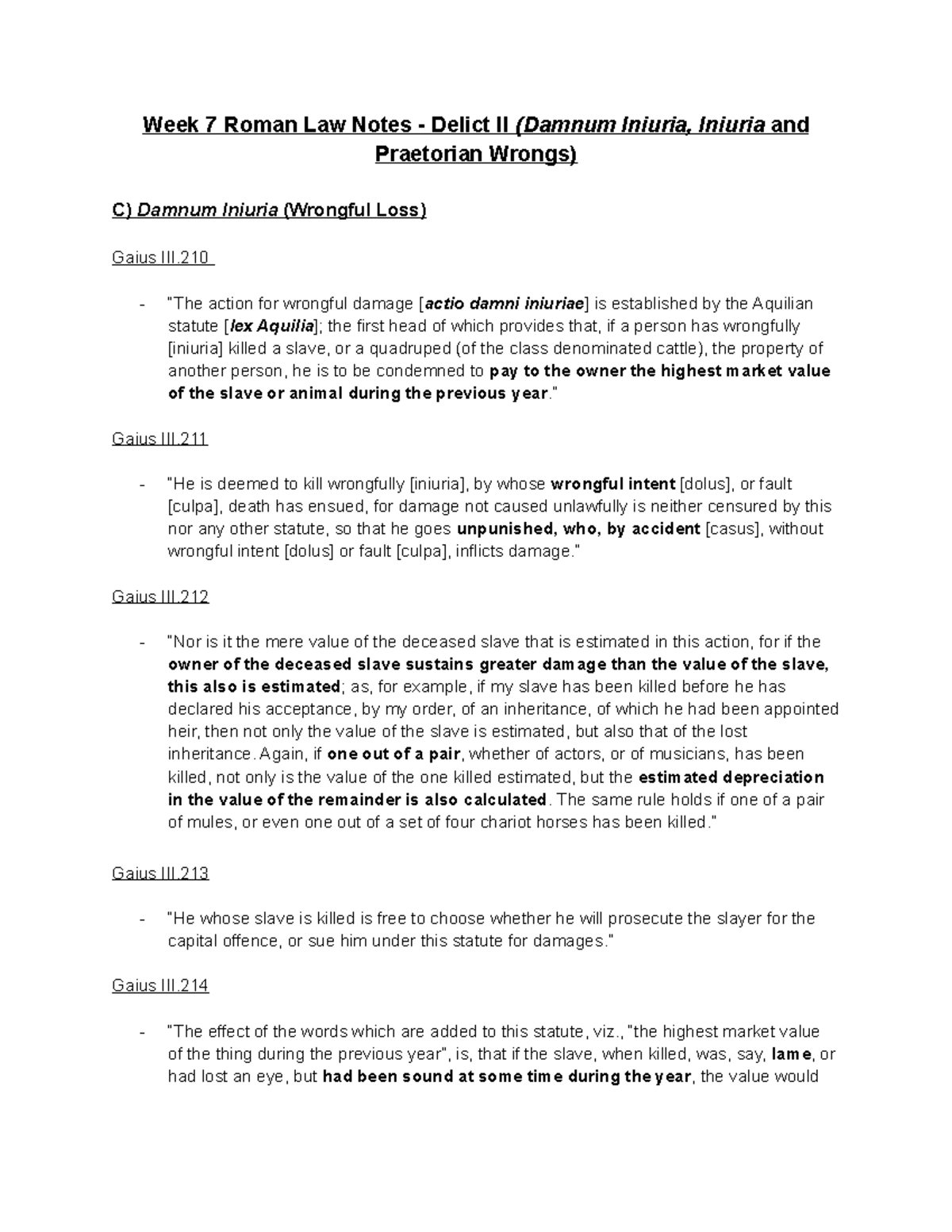 Week 7 - law notes - Week 7 Roman Law Notes - Delict II (Damnum Iniuria ...