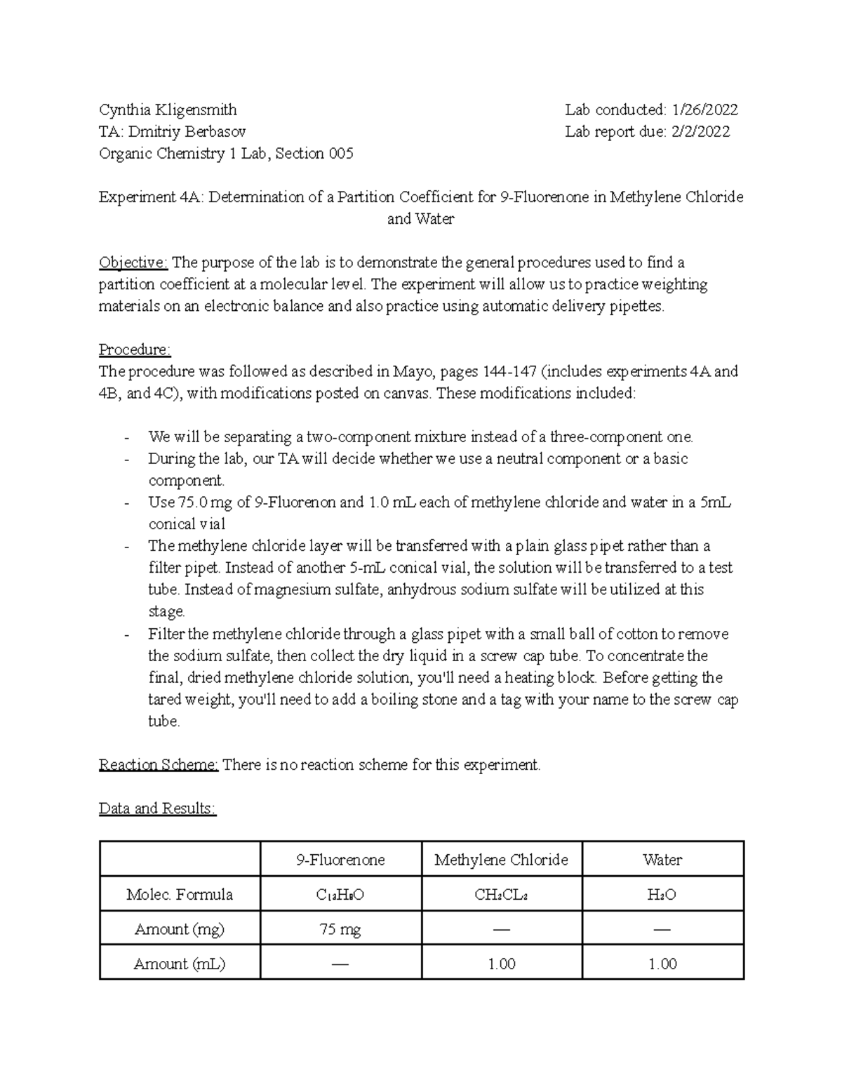 Module 2 Determination of a Partition Coefficient - Cynthia Kligensmith ...