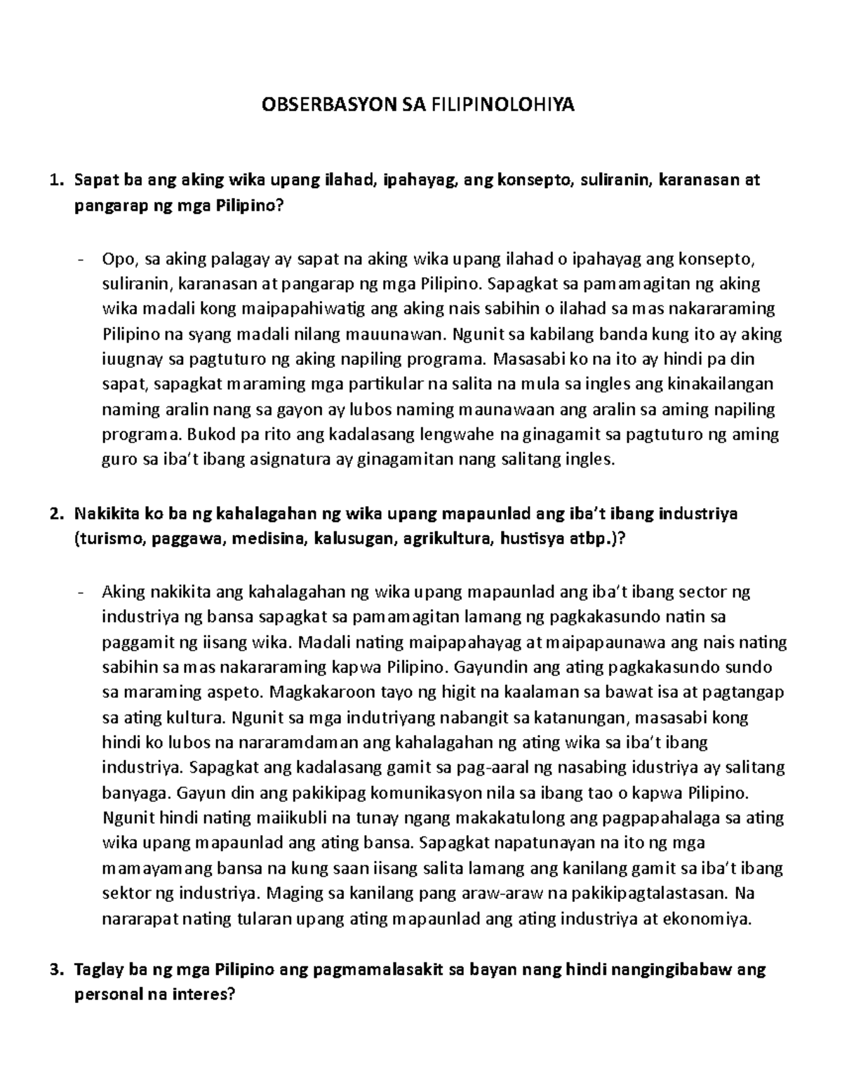 Obserbasyon SA Filipinolohiya - OBSERBASYON SA FILIPINOLOHIYA 1. Sapat ...