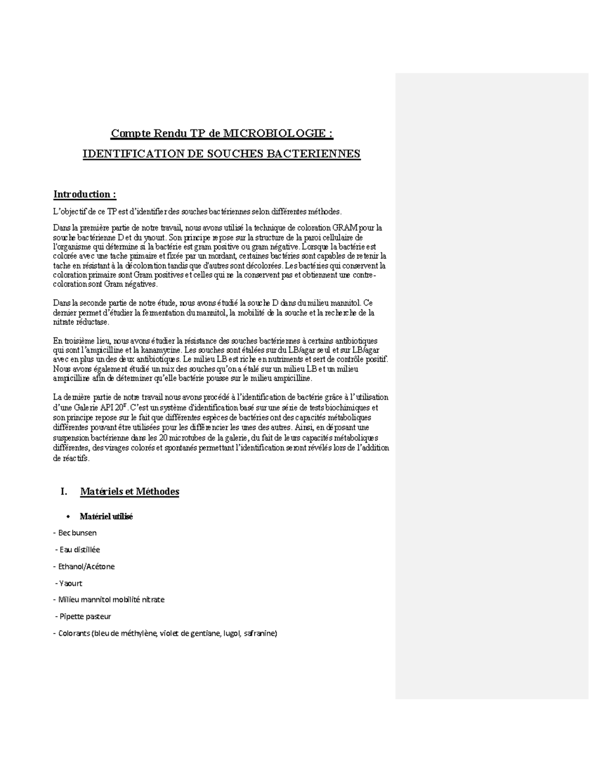 Cr microbio - Compte Rendu TP de MICROBIOLOGIE : IDENTIFICATION DE SOUCHES BACTERIENNES ...