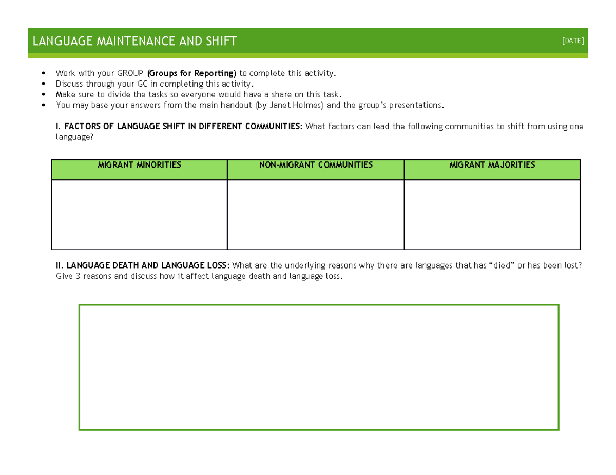 Language Maintenance AND Shift - LANGUAGE MAINTENANCE AND SHIFT [DATE] Work with your GROUP ...
