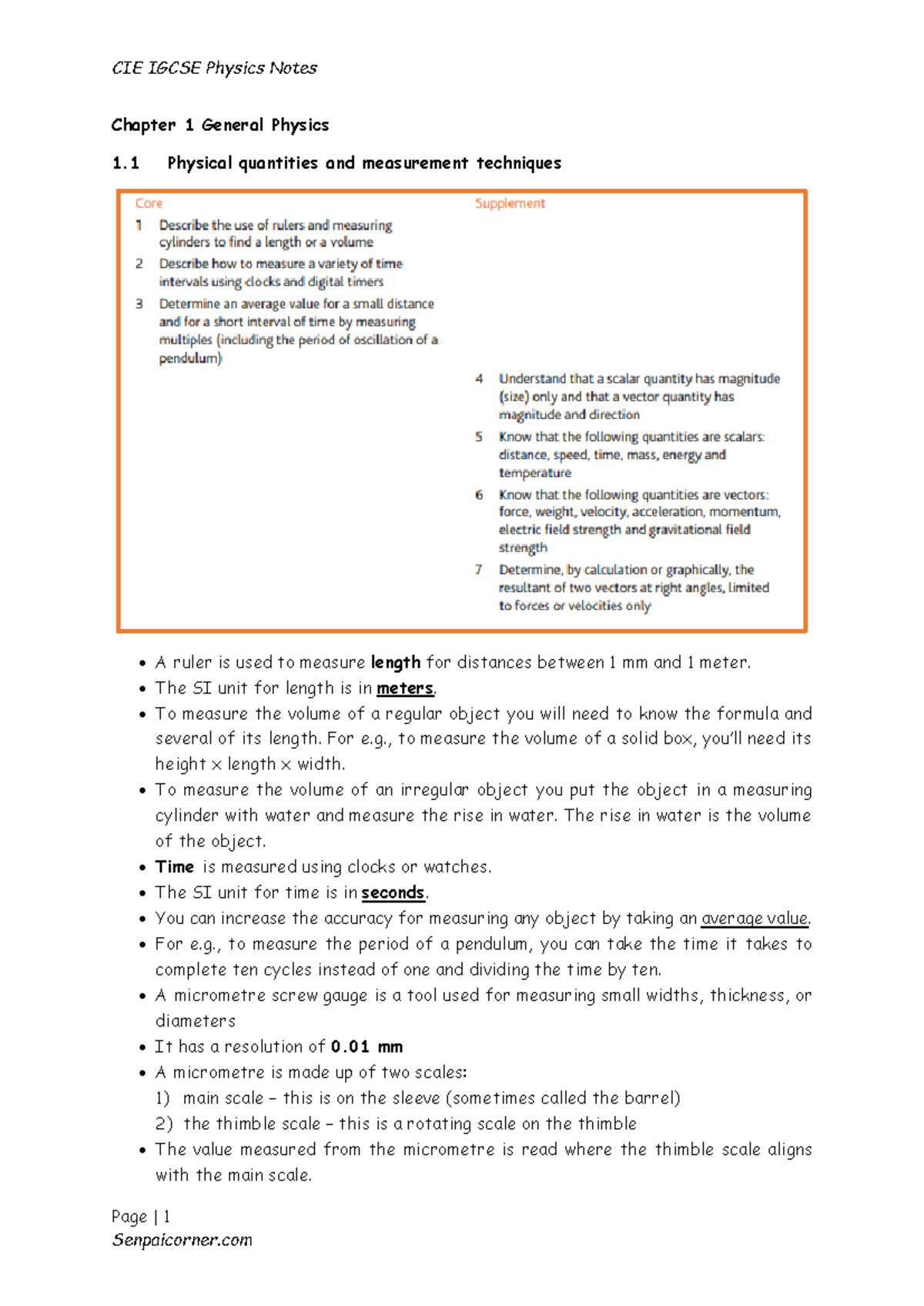 CIE Igcse Physics Chapter 1 2023 ONW - Page | 1 Chapter 1 General ...