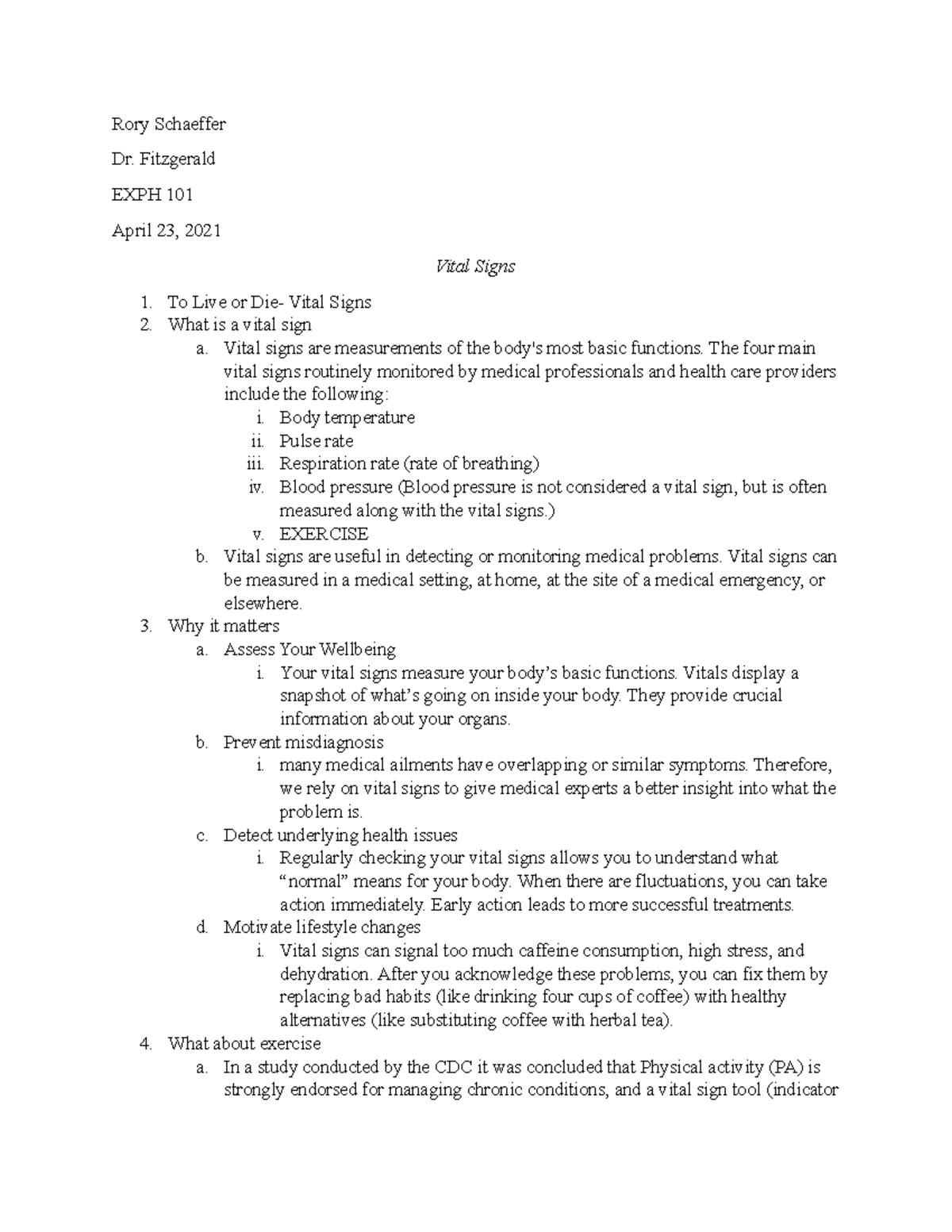 EXPH 101 Presentation OUtline - Rory Schaeffer Dr. Fitzgerald EXPH 101 ...