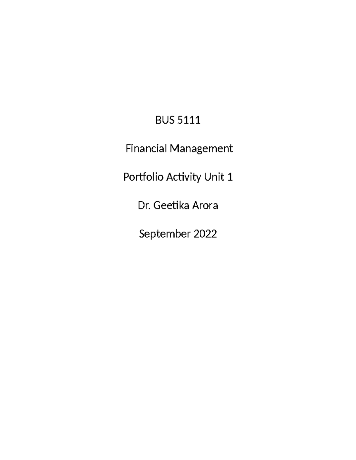 BUS 5111 Portfolio - Financial Management - BUS 5111 Financial ...
