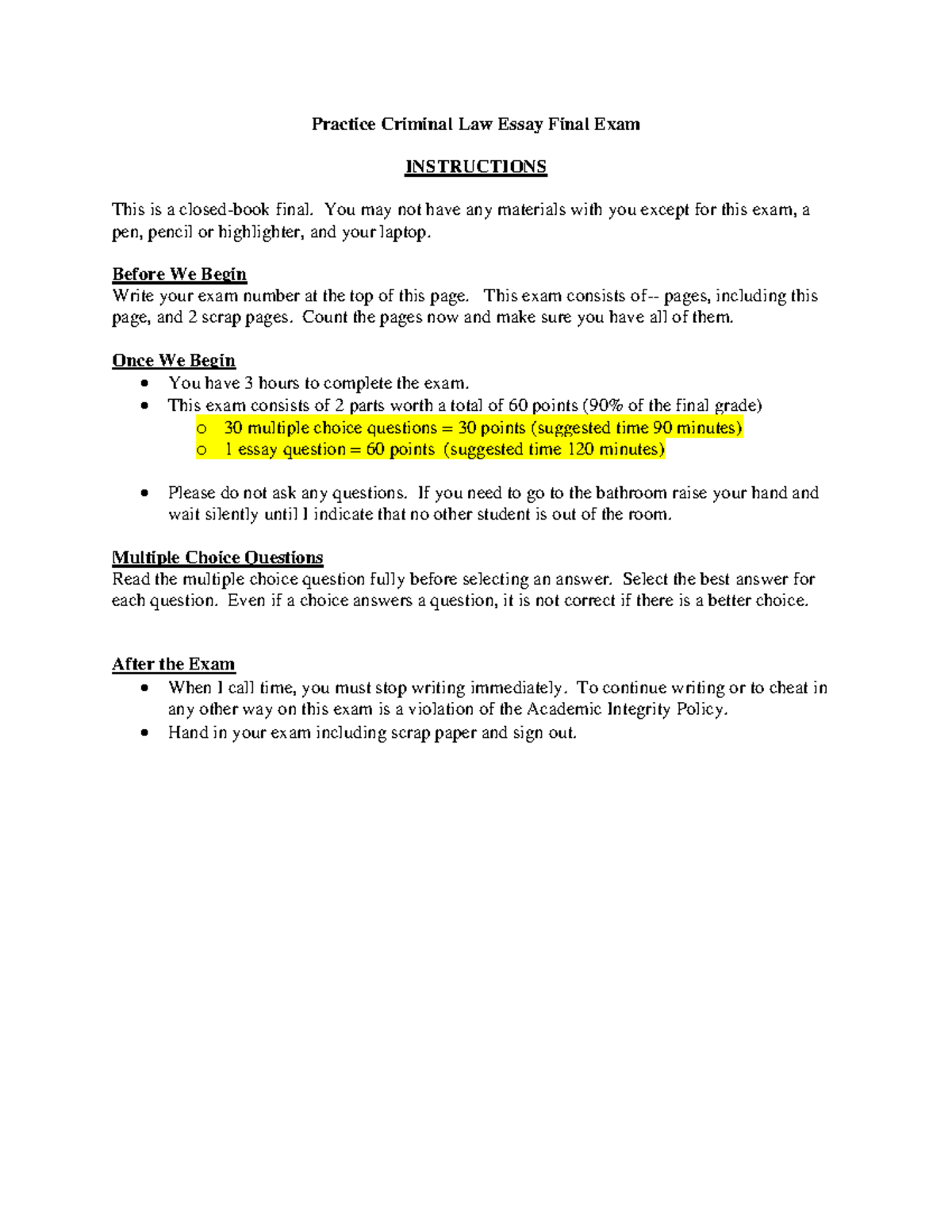 Practice Criminal Law Final Exam No Sample Answer 1 - Practice Criminal ...